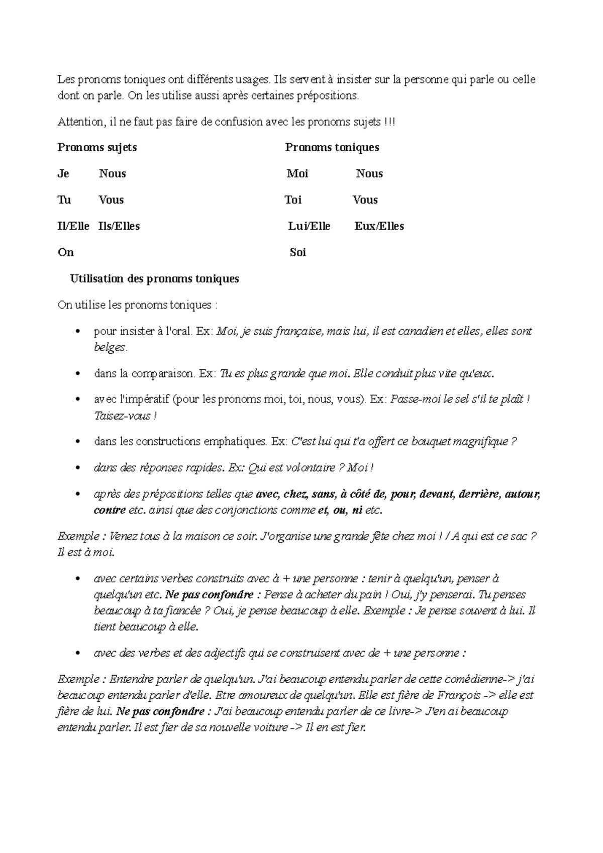Les pronoms toniques - Grammatica francese. Specificazione dei pronomi ...