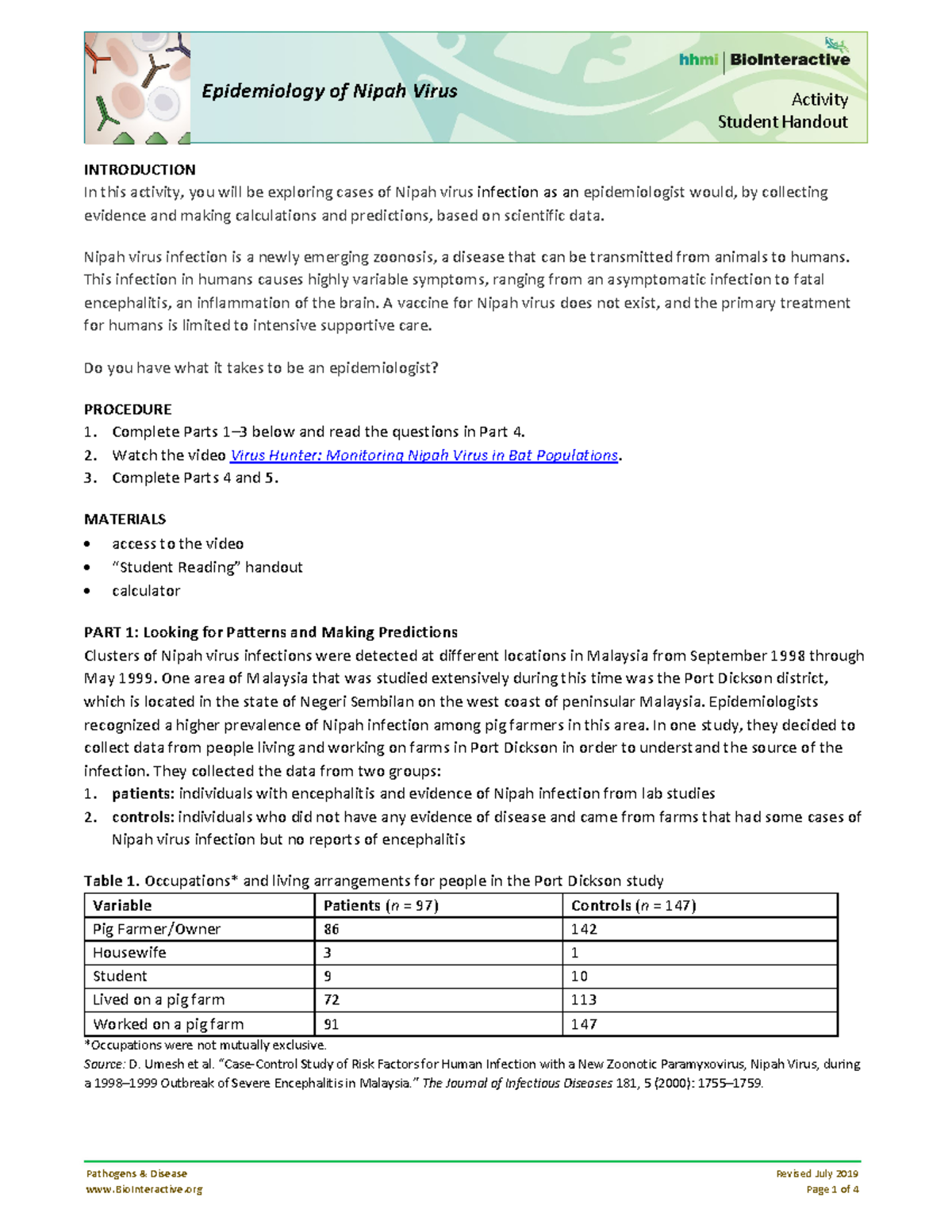 BIO work - Pathogens & Disease Revised July 2019 Epidemiology of Nipah Virus Activity Student ...