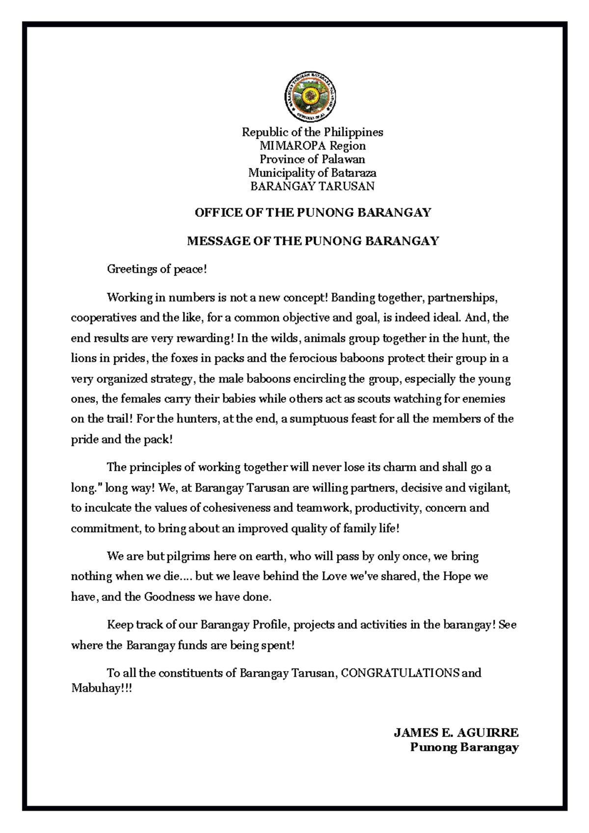 Brief Profile OF THE Barangay - Republic of the Philippines MIMAROPA ...