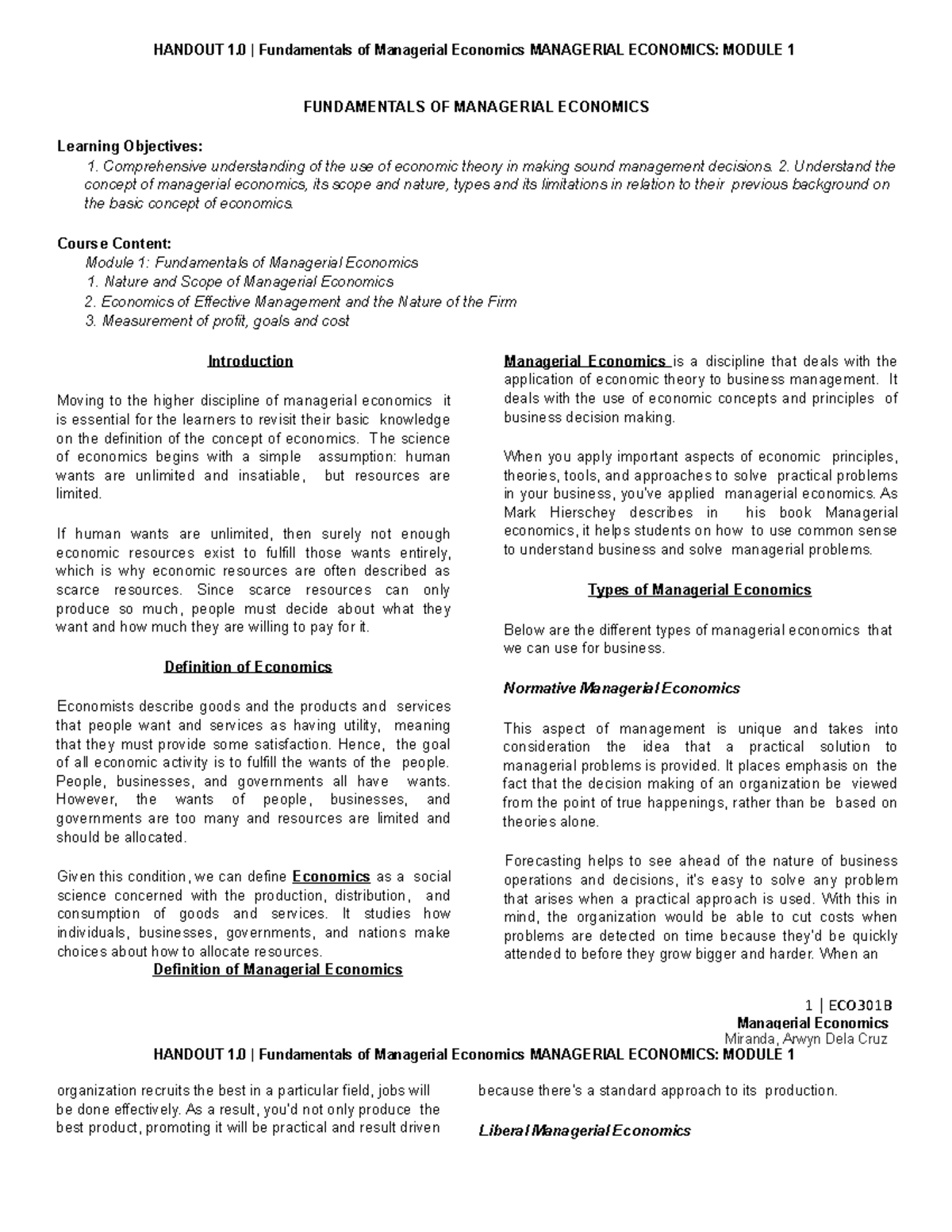Module 1 - Handout 1.0 - Fundamentals of Managerial Economics - HANDOUT 1 | Fundamentals of ...