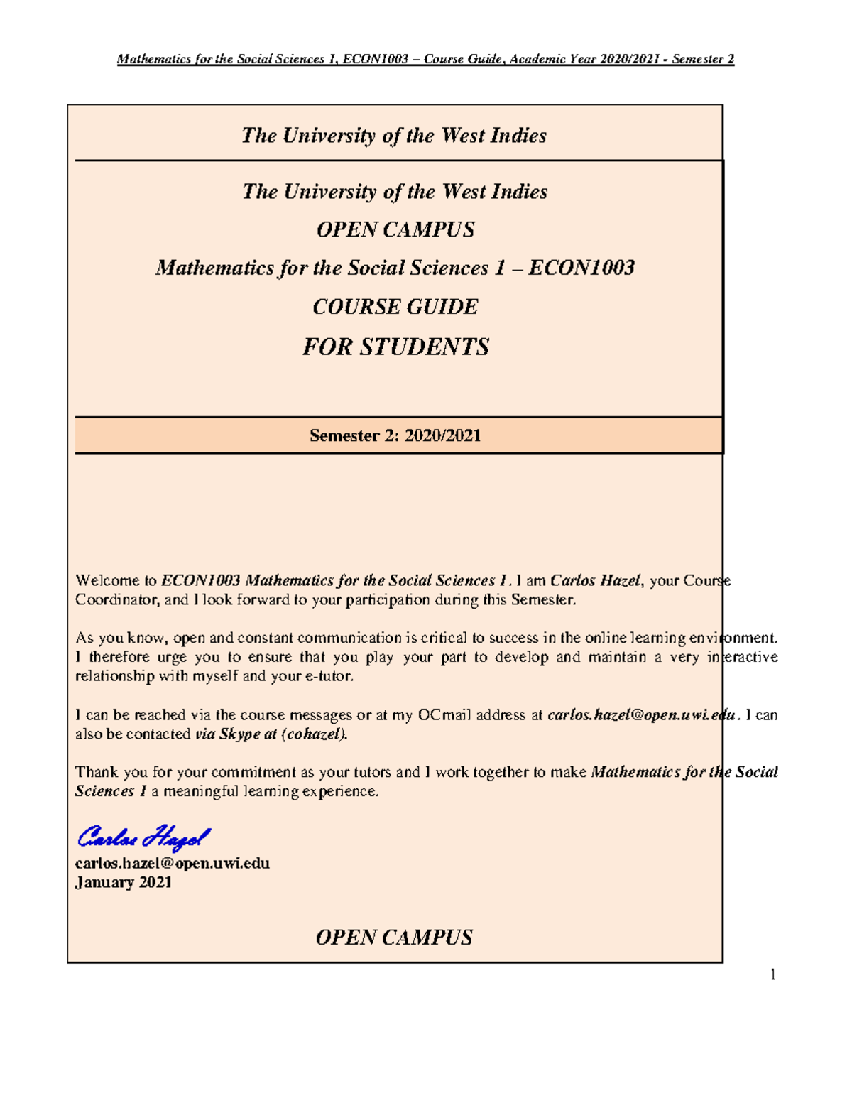 ECON 1003 Course Guide Semester 2 2020 2021 - The University of the ...