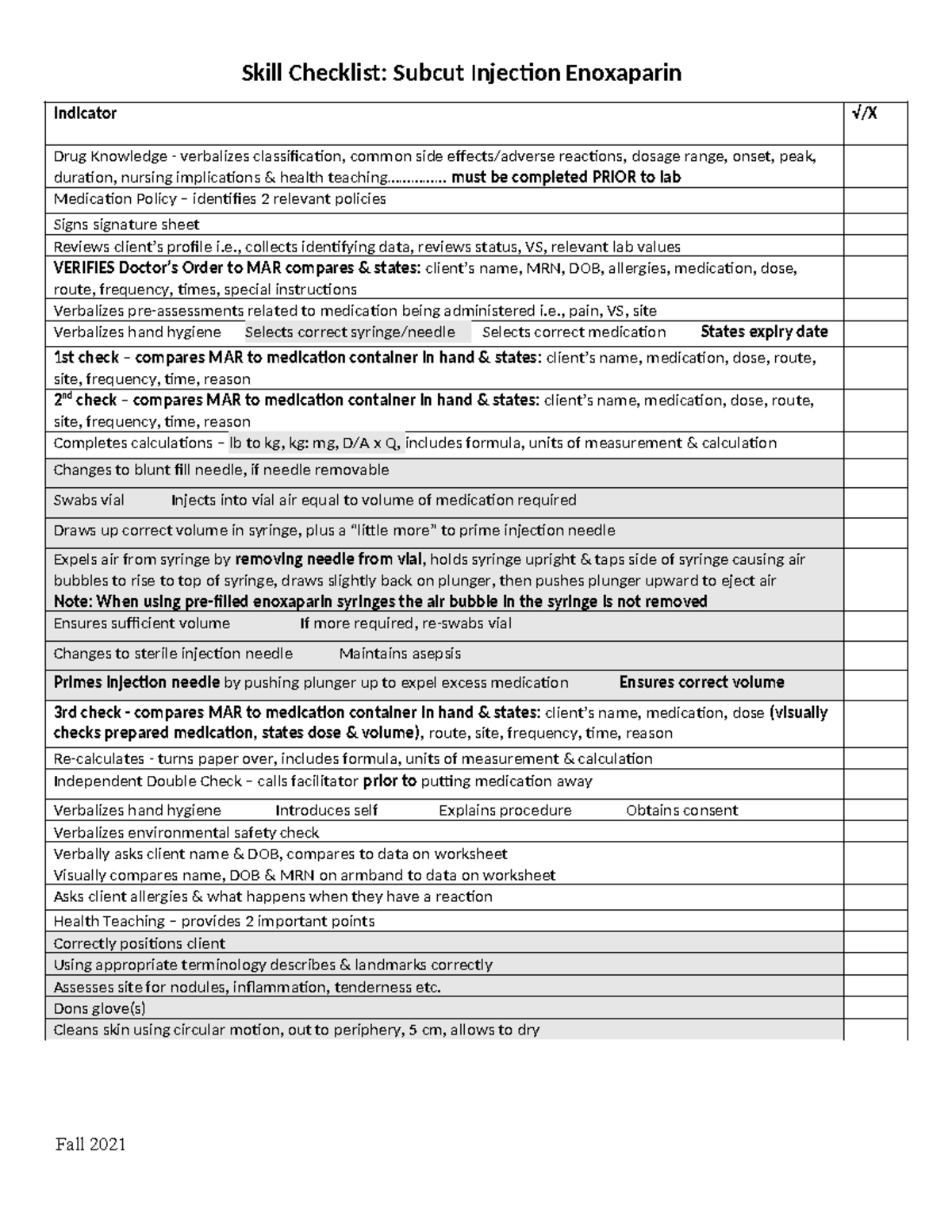 Week 3 Skills Checklist Enoxaparin - Skill Checklist: Subcut Injection ...