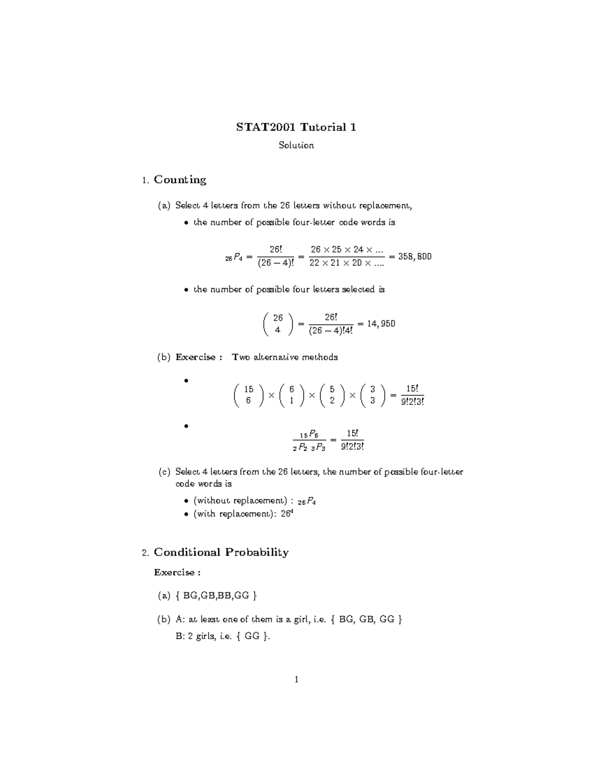 Tutorial Solution 1 - STAT2001 Tutorial 1 Solution 1 (a) Select 4 letters from the 26 letters ...