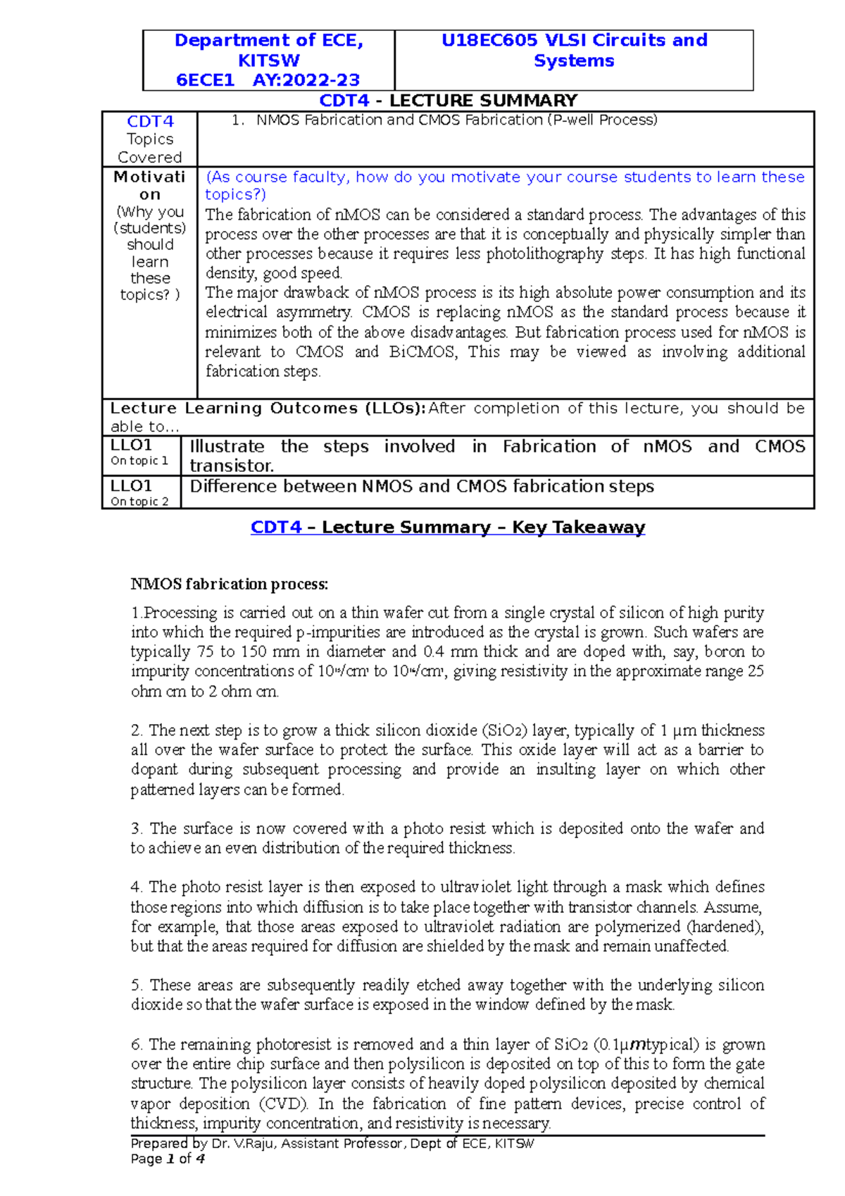VLSI CDT4 Summary 6ECE1 2022-23 - KITSW 6ECE1 AY:2022- Systems CDT4 - LECTURE SUMMARY CDT Topics ...