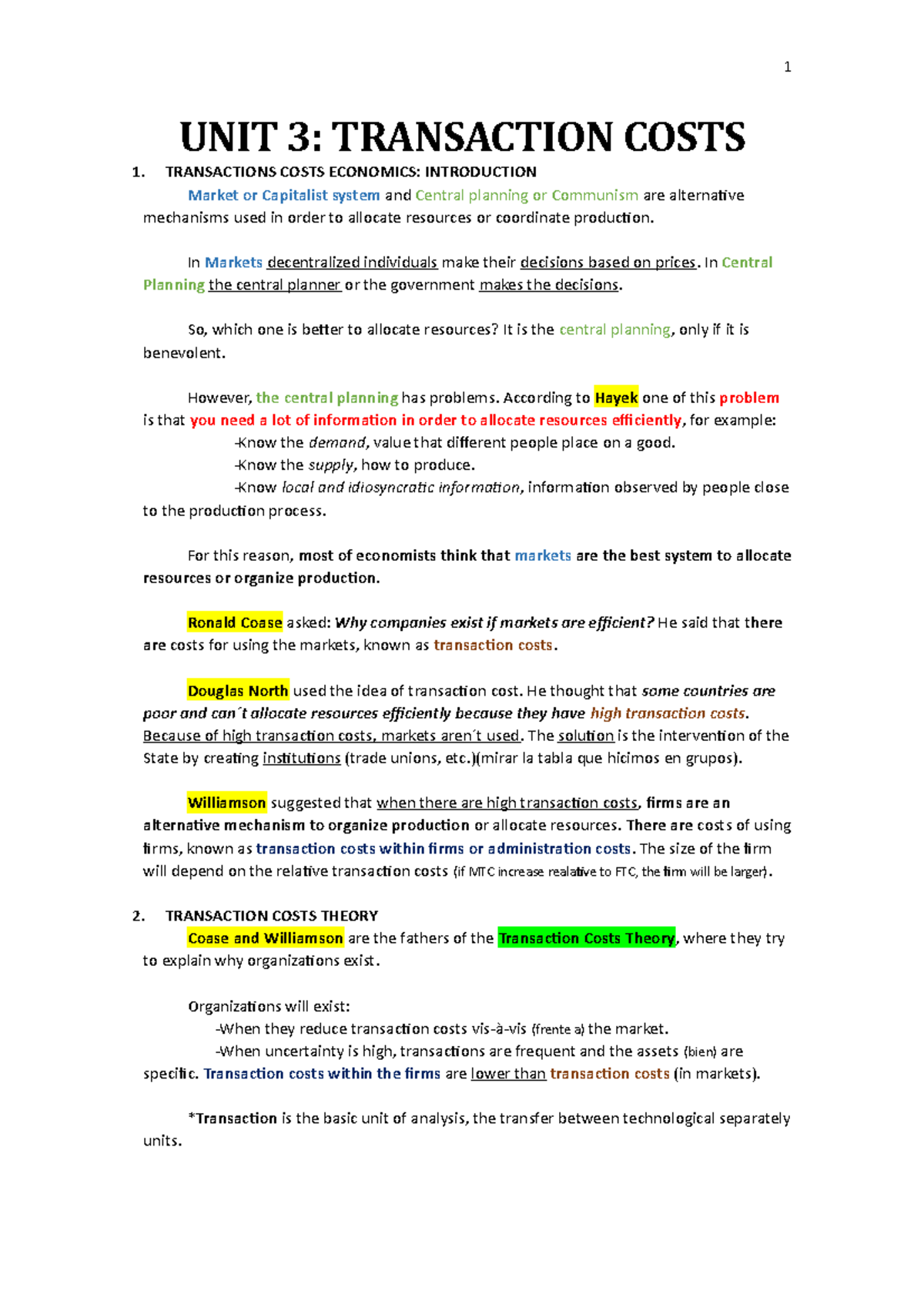 UNIT 3- Transaction Costs - 1 UNIT 3: TRANSACTION COSTS 1. TRANSACTIONS ...