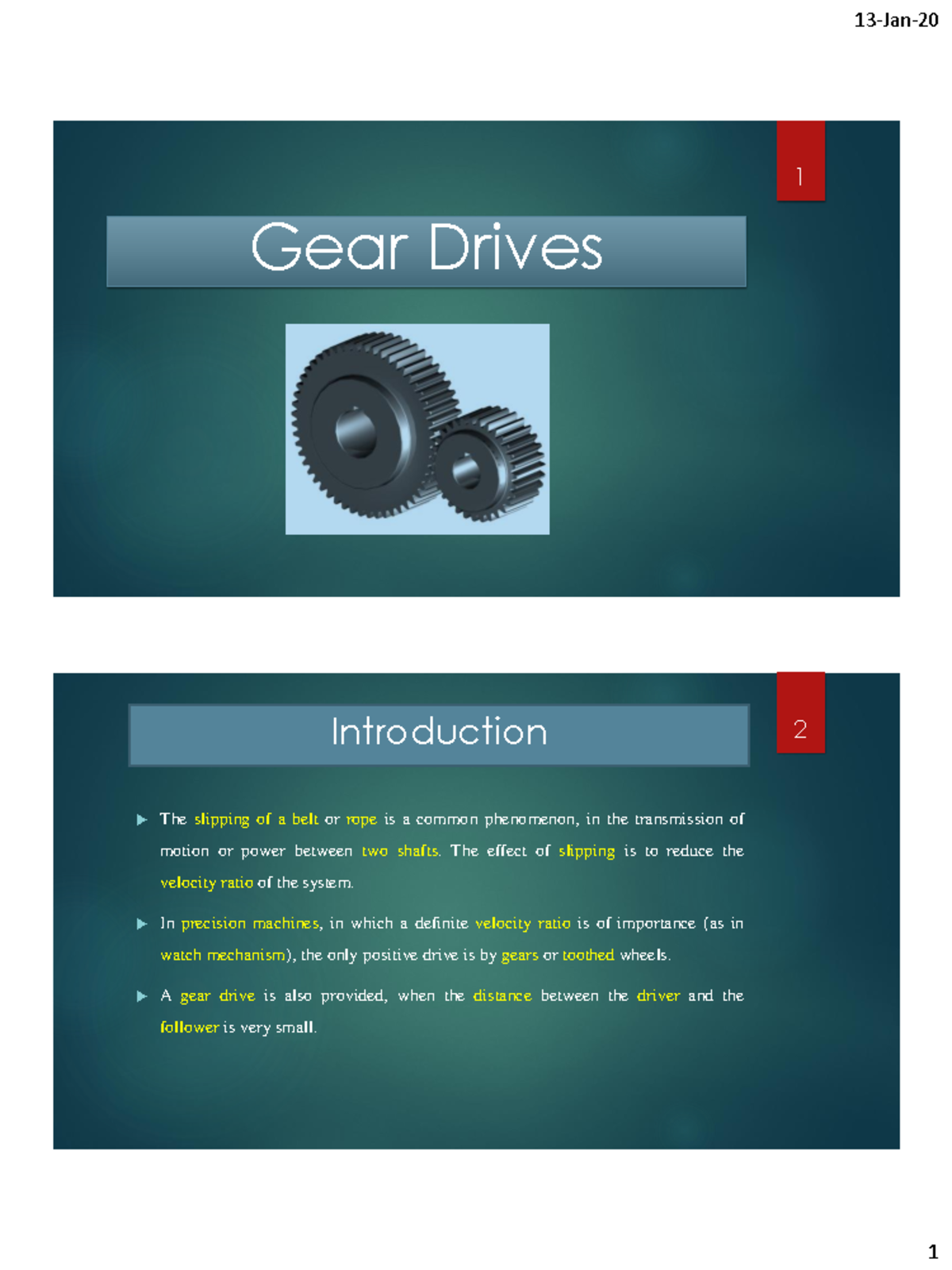 05-Spur Gear Drive - Lecture notes 3-8 - Gear Drives 1 Introduction 2 ...