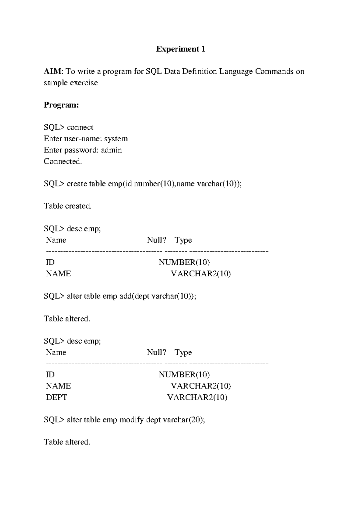 DBMS EXP LAB Manual (1) - QWWWWWWWWWWWWWWW - Experiment 1 AIM: To write a program for SQL Data ...