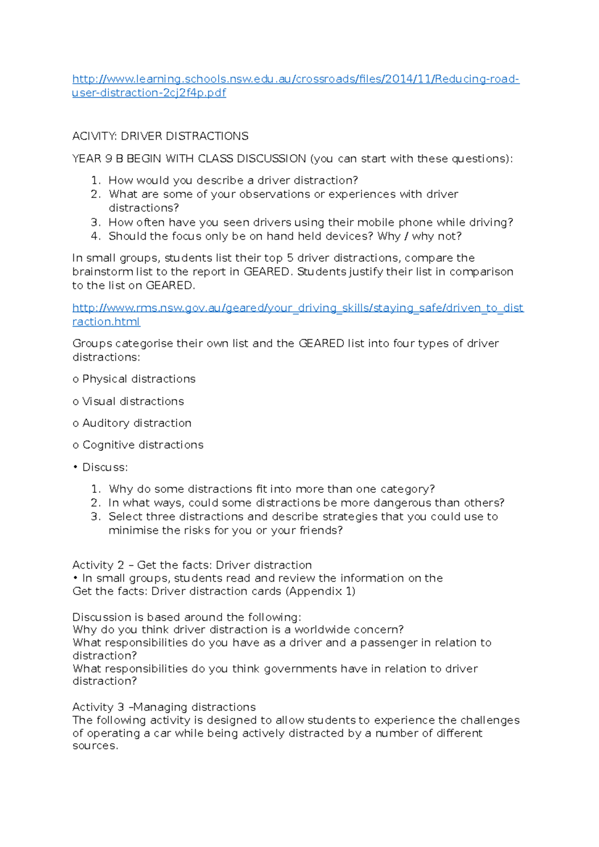 Driving Distractions - learning.schools.nsw.edu/crossroads/files/2014 ...