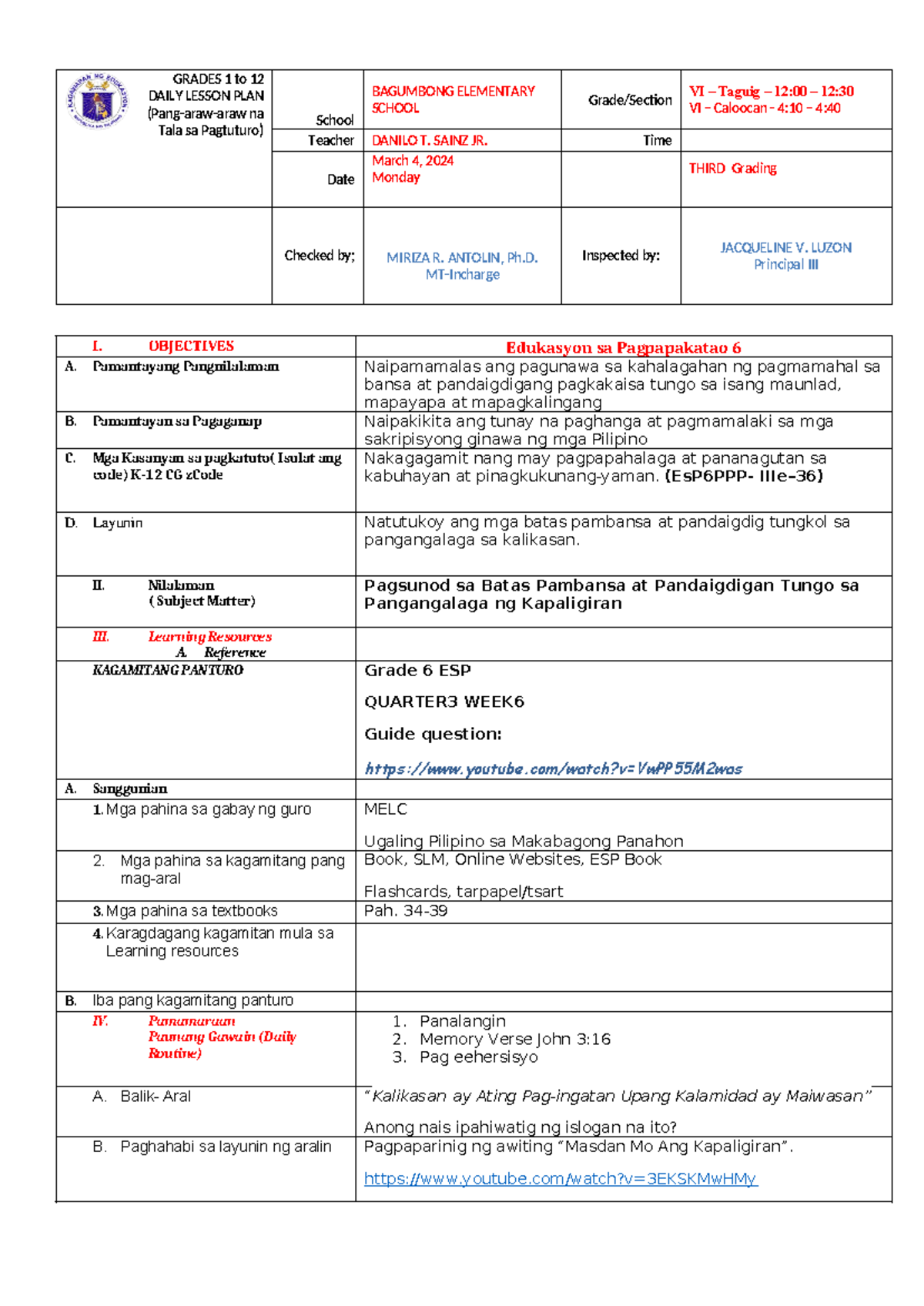 Quarter 3 Week 6 March 4 - GRADES 1 to 12 DAILY LESSON PLAN (Pang-araw ...