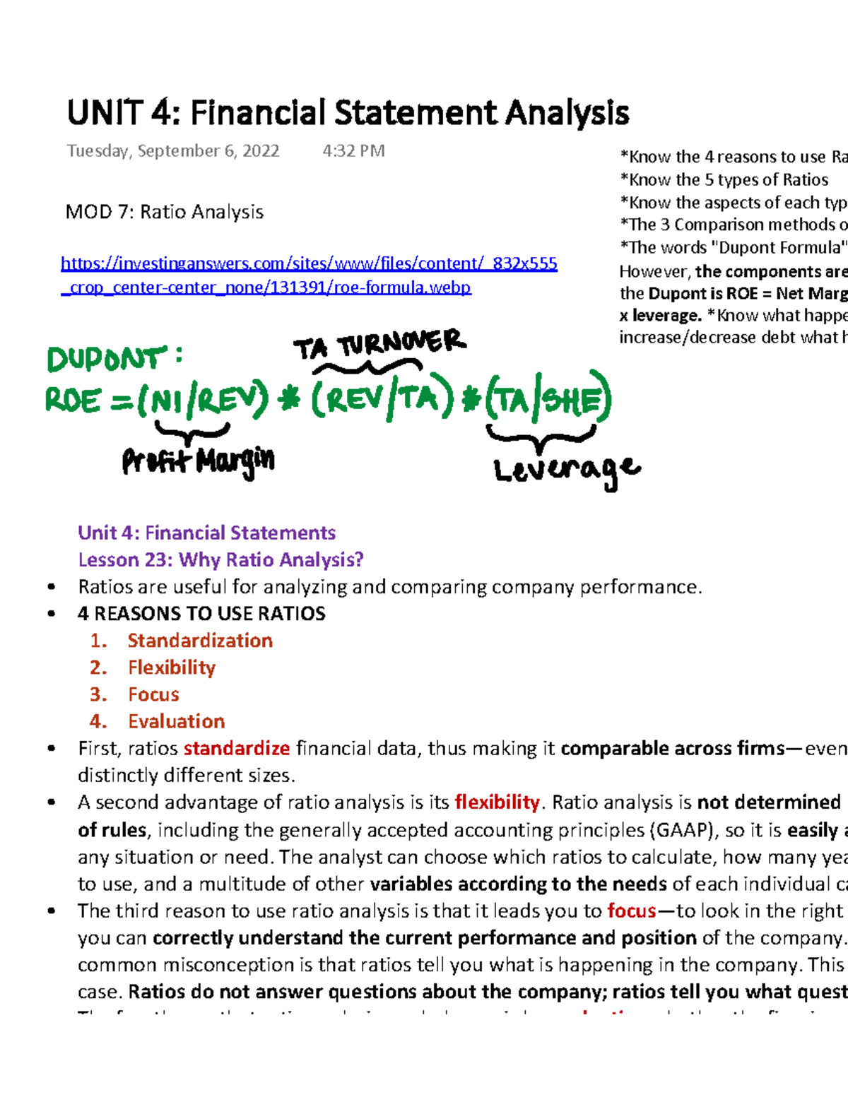 UNIT 4 Financial Statement Analysis - MOD 7: Ratio Analysis *Know the 4 ...