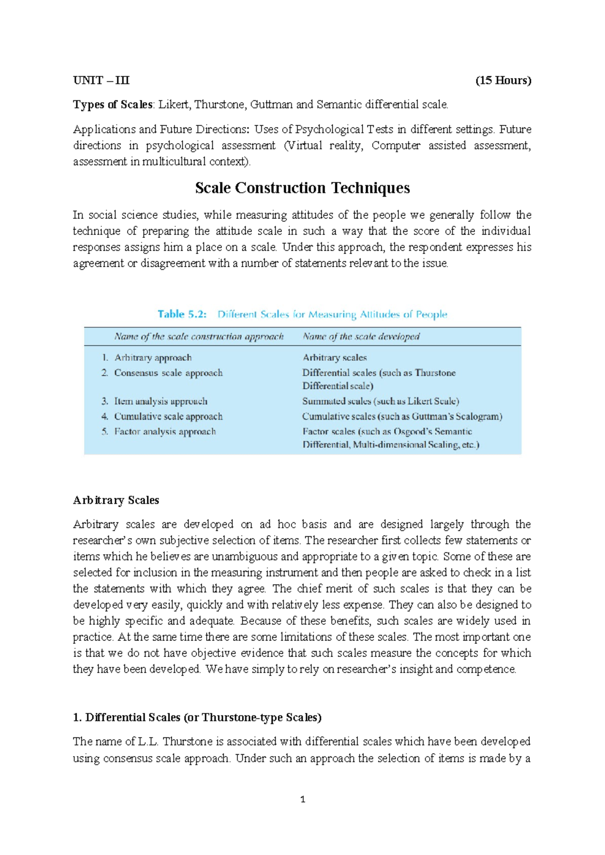 UNIT 3 Scales - UNIT – III (15 Hours) Types of Scales: Likert ...