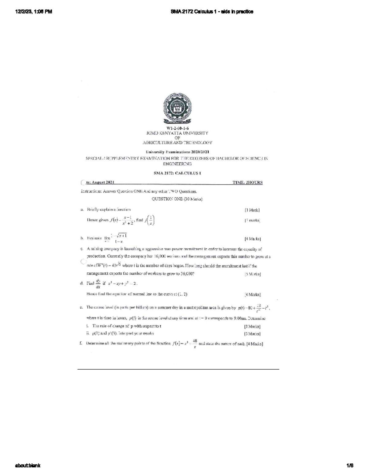 Calculusexam - Calculus exam pdf - 1:06 PM SMA 2172 Calculus 1 aids in ...