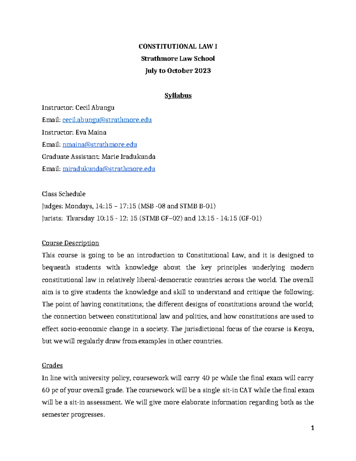 Constitutional Law I 2023 syllabus - CONSTITUTIONAL LAW I Strathmore ...