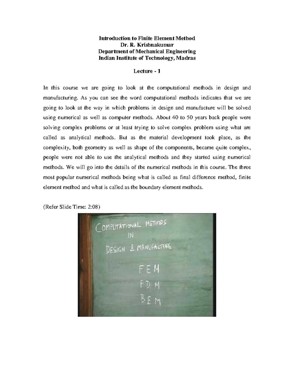 Lec1 Introduction to FEM - Introduction to Finite Element Method Dr. R ...