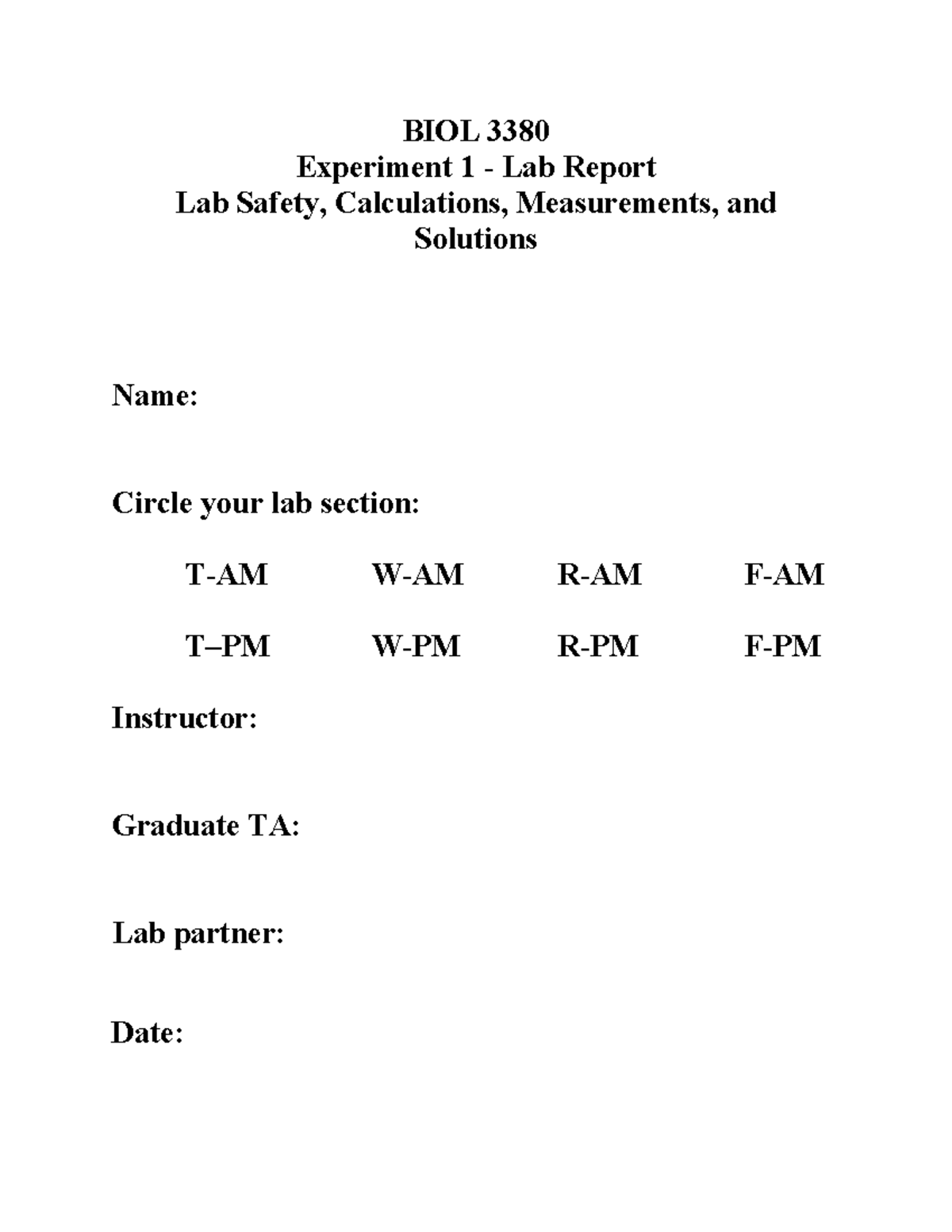 0 F24 Lab 1 Lab Report - BIOL 3380 Experiment 1 - Lab Report Lab Safety, Calculations ...