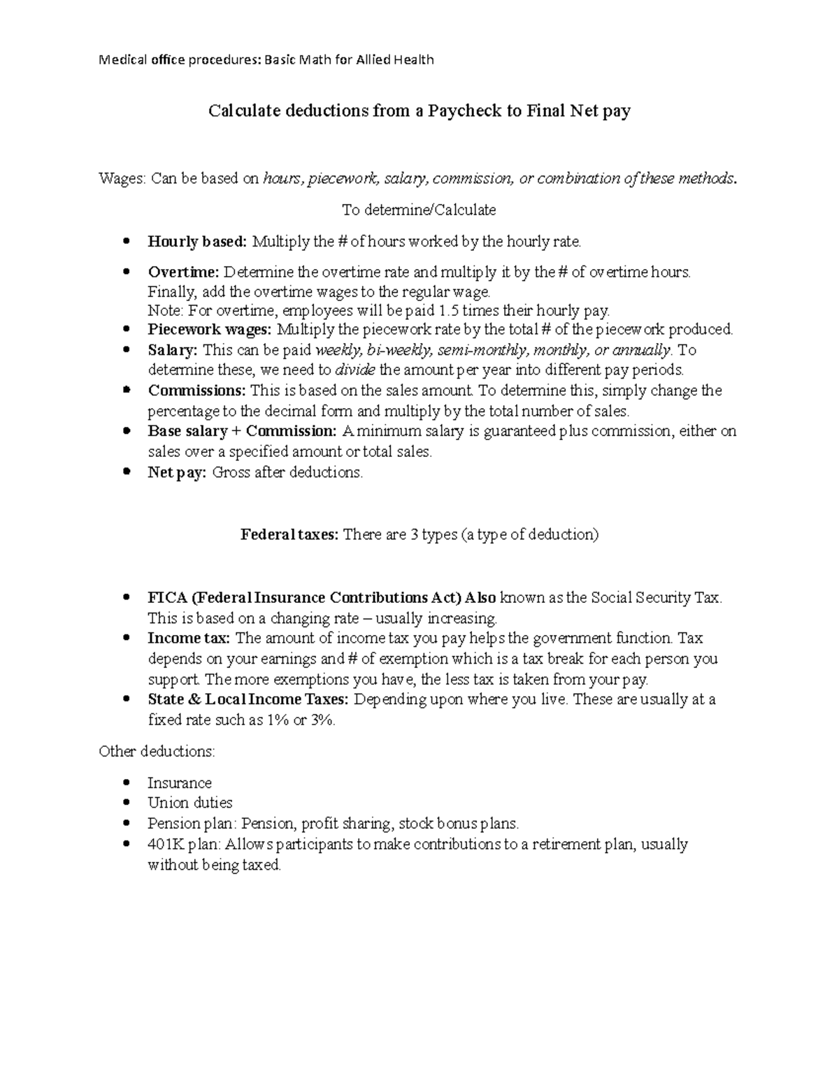 Calculate deductions from a Paycheck to Find Net Pay - Medical office ...