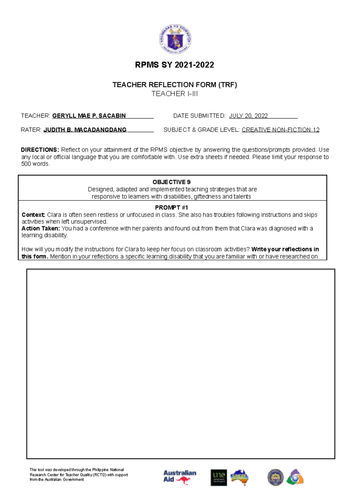 TRF- Ipcrf Objective 9 - RPMS SY 2021- TEACHER REFLECTION FORM (TRF ...