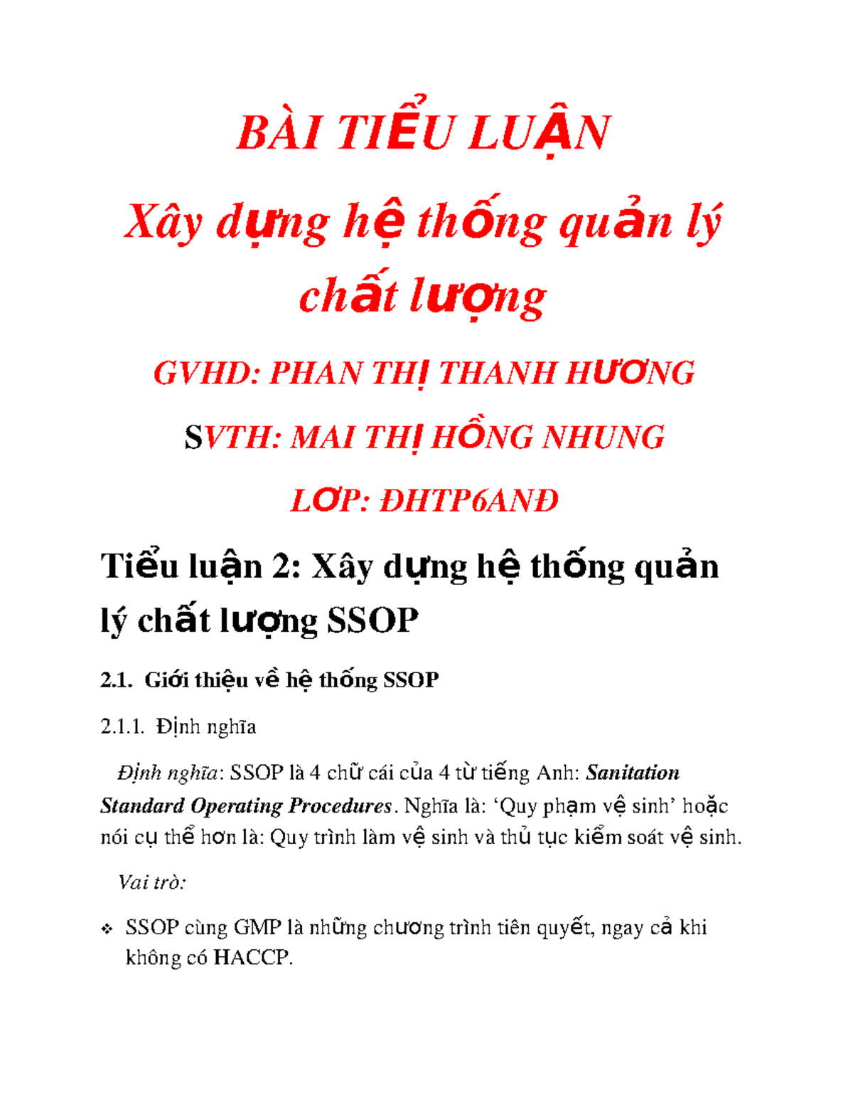 Tiểu luận 2 Xây dựng hệ thống quản lý chất lượng SSOP 1037653 - BÀI TI U LU N Ể Ậ Xây d ng h th ...