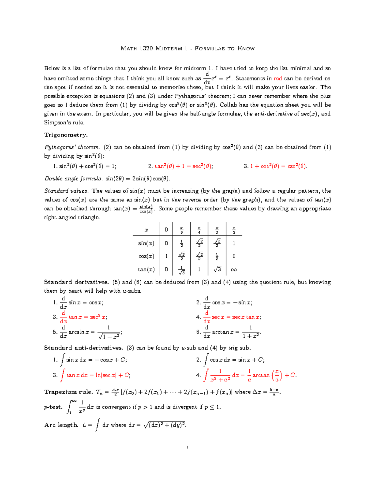 Exam 1 Formula Guide - Math 1320 Midterm 1 - Formulae to Know Below is ...