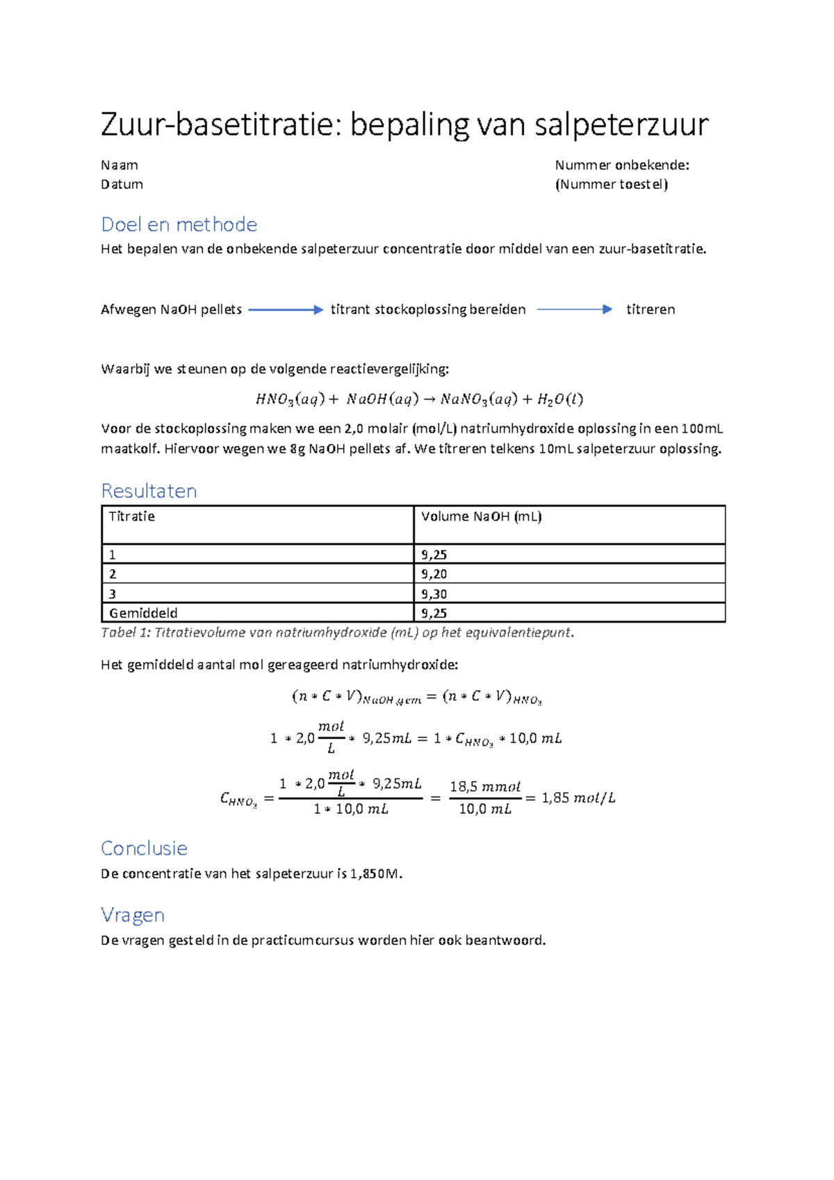Voorbeeld Verslag ZB - practica - Zuur-basetitratie: bepaling van ...