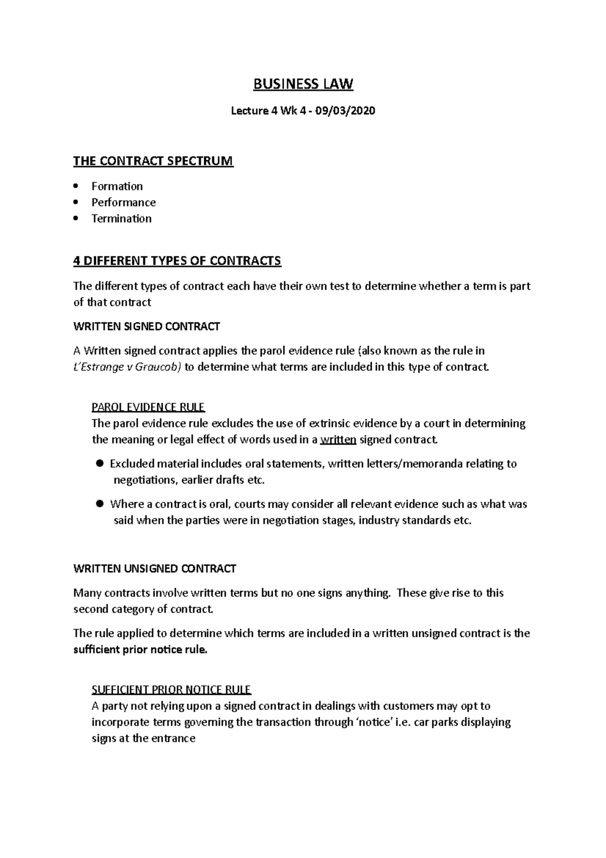 Business Law Notes - Lecture 4 - BUSINESS LAW Lecture 4 Wk 4 - 09/03 ...