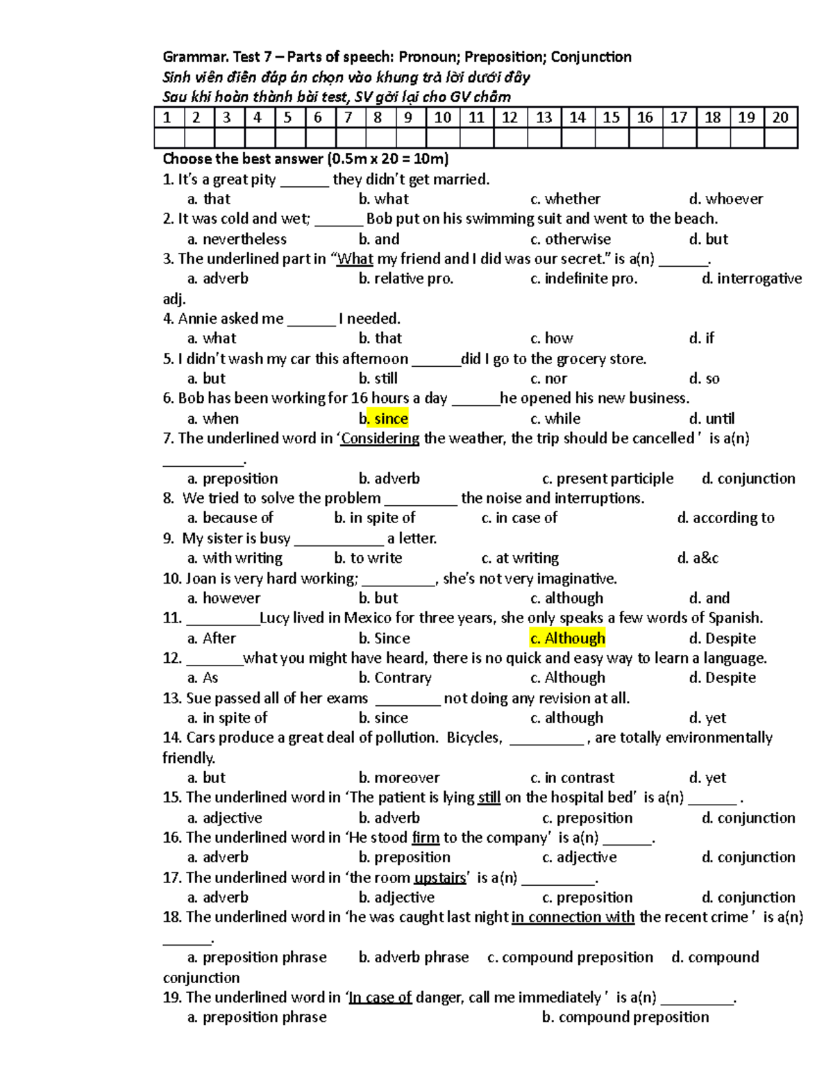 Grammar Test 7 - English - Grammar. Test 7 – Parts of speech: Pronoun ...