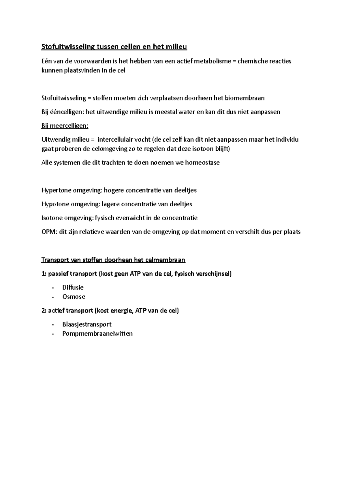 (Samenvatting) Stofuitwisseling tussen cellen en hun milieu ...