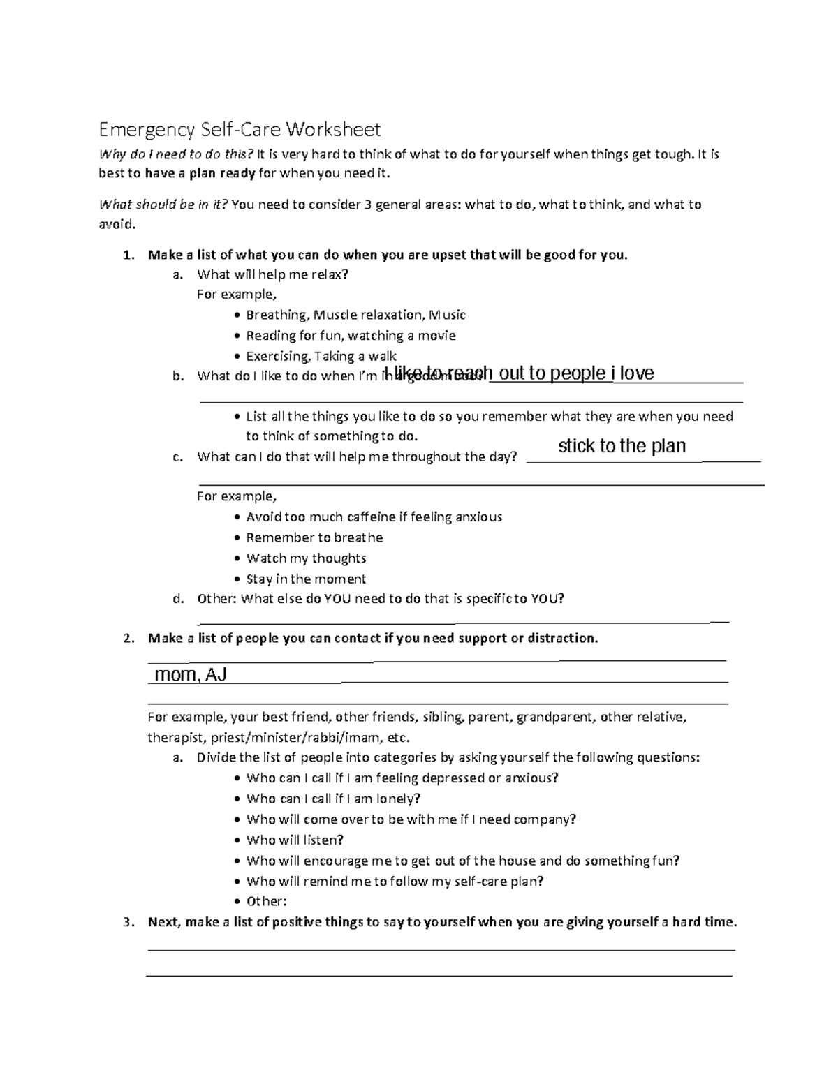 Emergency self care worksheet - Emergency Self-Care Worksheet Why do I ...