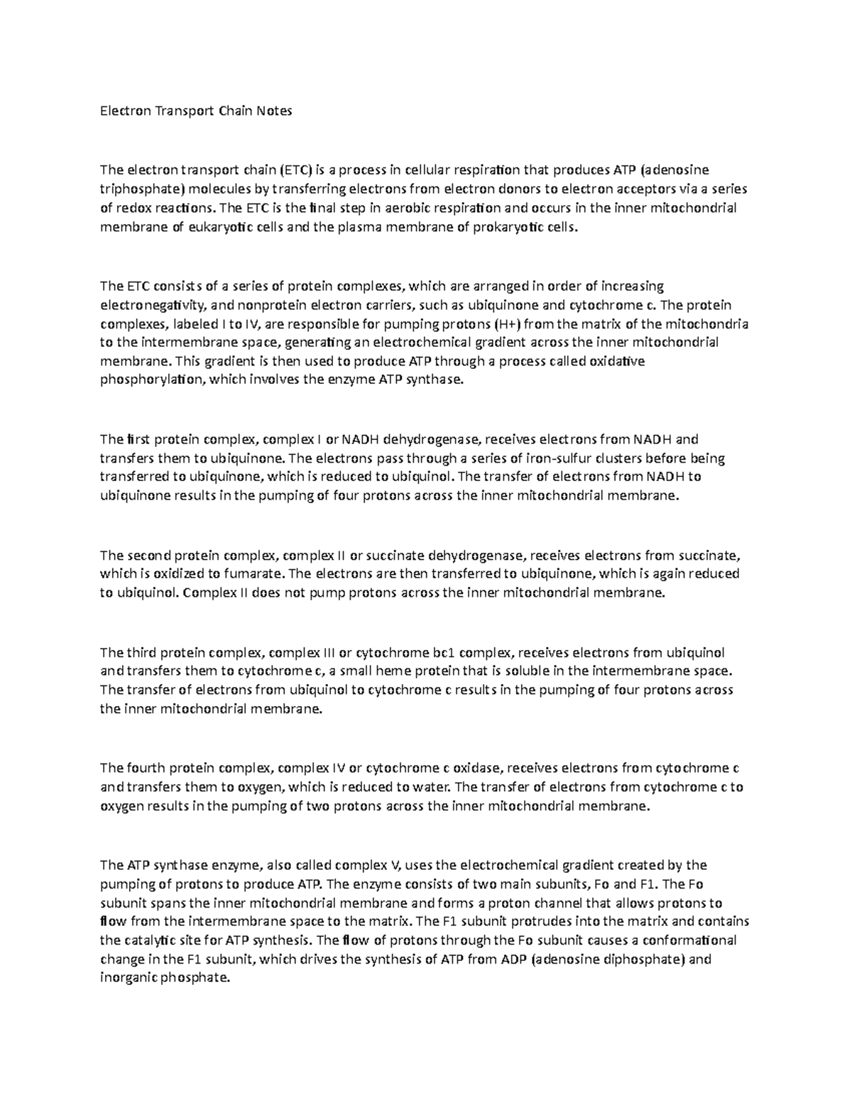 Electron Transport Chain Notes - The ETC is the final step in aerobic ...