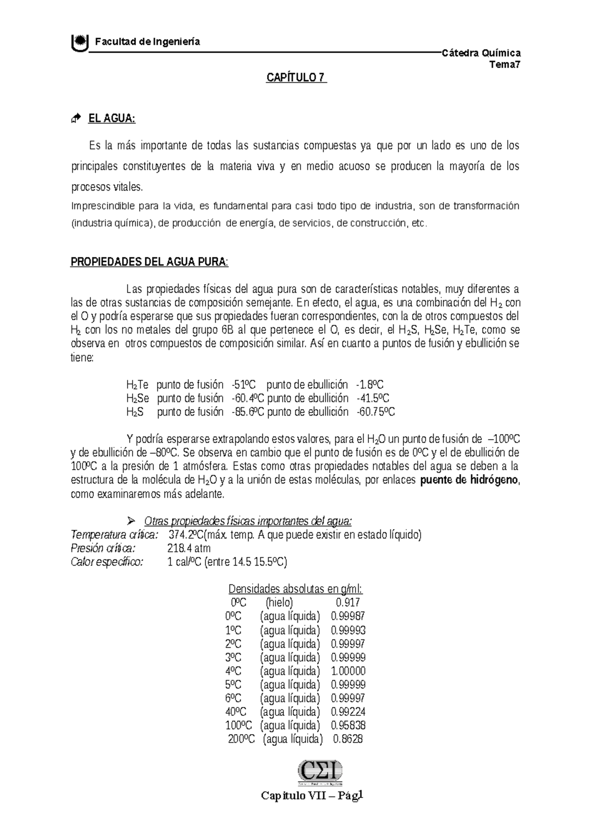 9 Capítulo 7 - Química agua - Cátedra Química Tema CAPÍTULO 7 EL AGUA ...