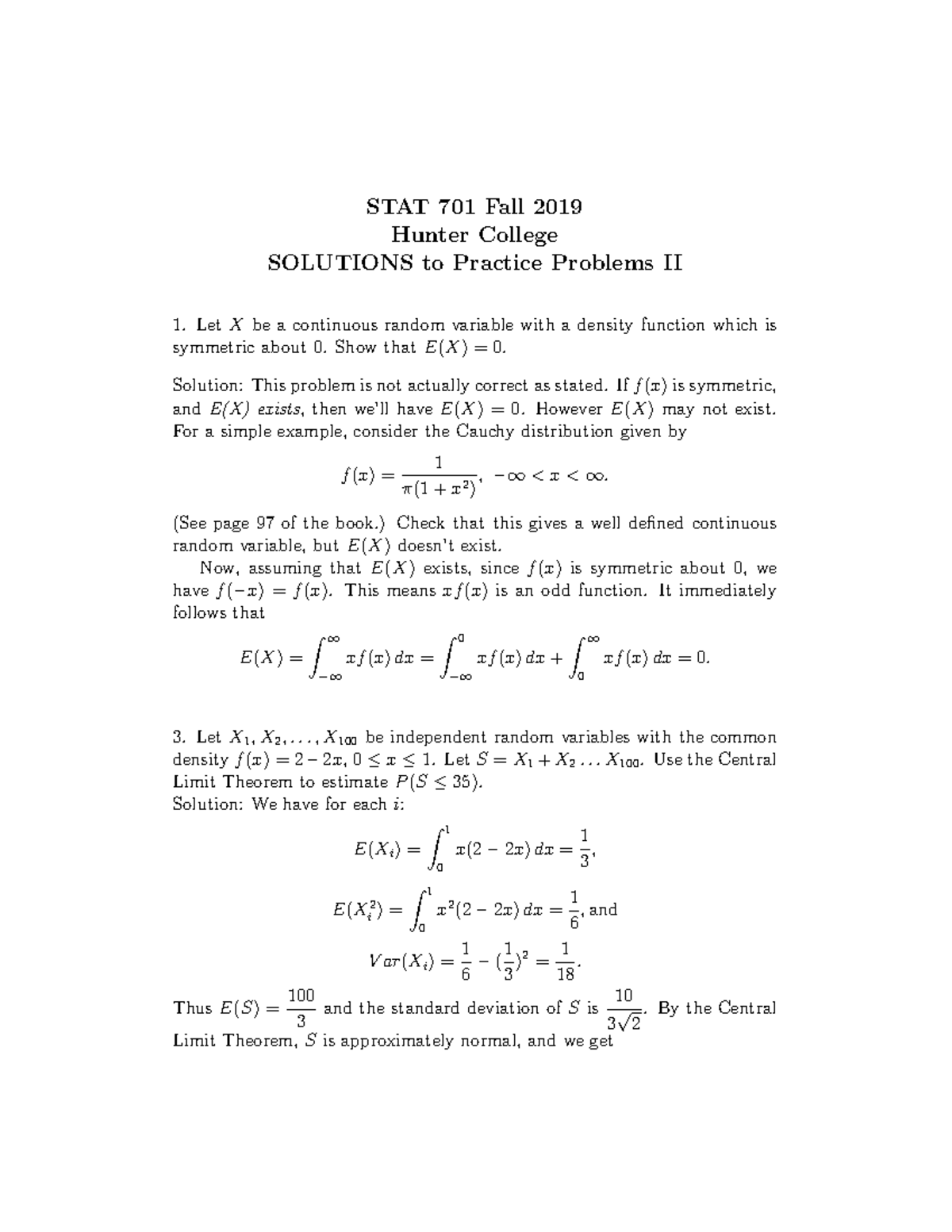 Practice problems II solutions - STAT 701 Fall 2019 Hunter College ...