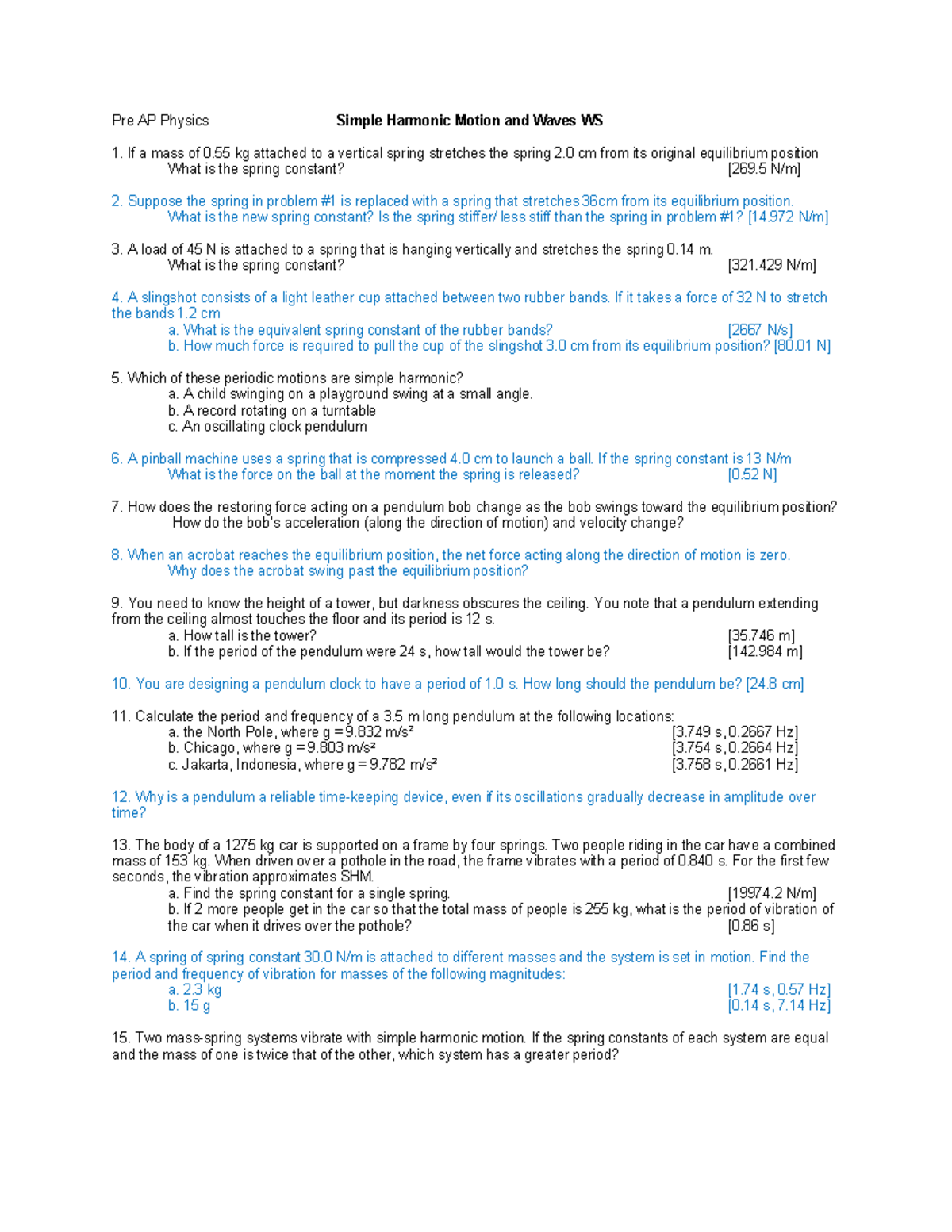 PAP SHM Waves WS-2 - physics figure it out yourself - Pre AP Physics ...