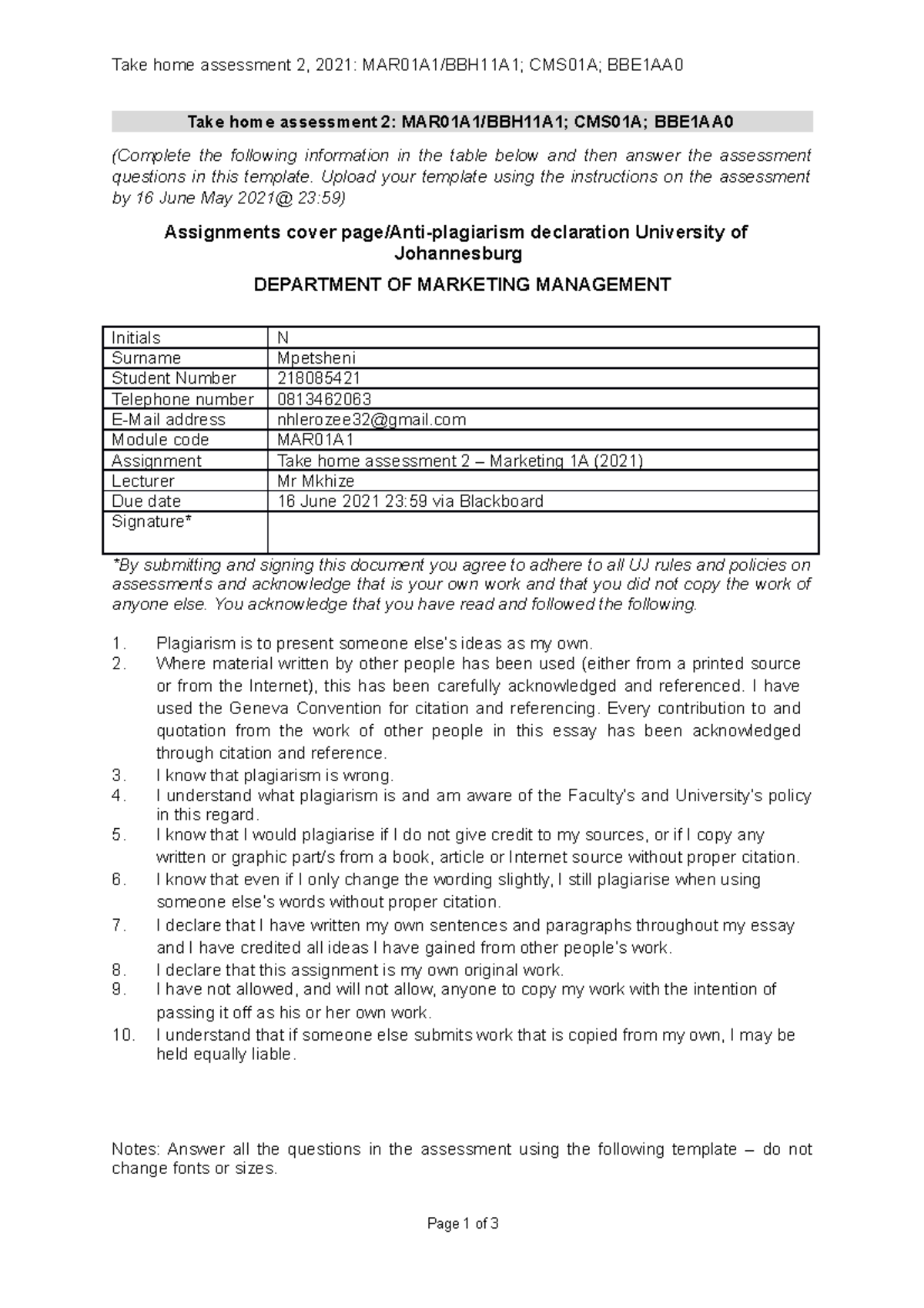 Take home assessment 2 Template 2 - Take home assessment 2, 2021 ...