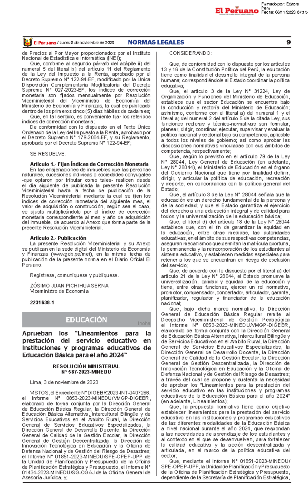 RM N° 587-2023- Minedu- Aprobar LOS Lineamientos PARA LA Prestación DEL Servicio Educativo EN ...