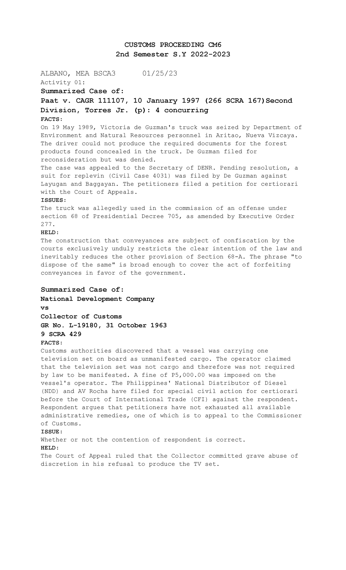 CM6 Activity 01 - This is an specific Subject - CUSTOMS PROCEEDING CM ...