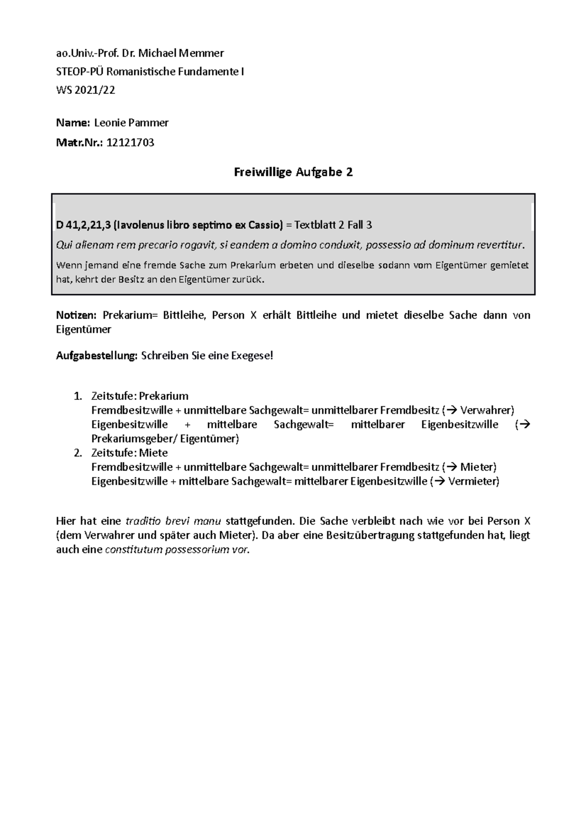 Aufgabe 2 - Exegese zu D 41,2,21,3 - ao.-Prof. Dr. Michael Memmer STEOP ...