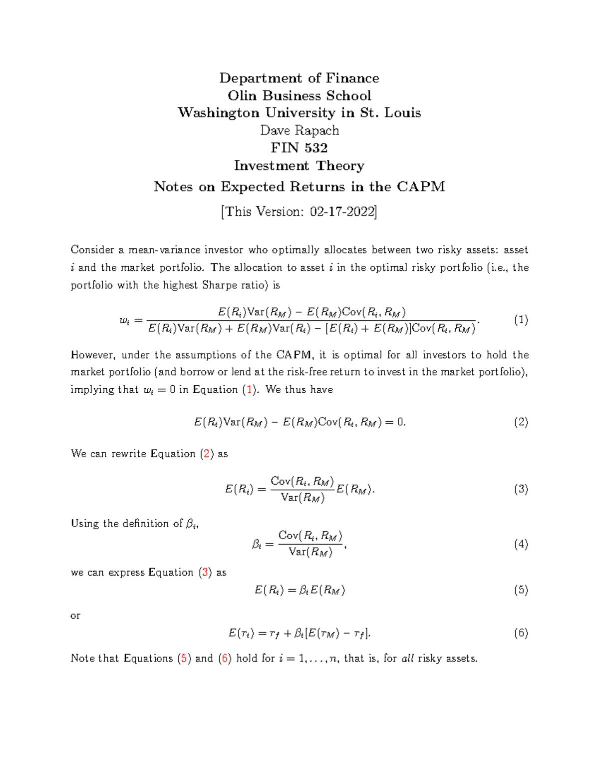 Notes On Expected Returns In The CAPM - Department of Finance Olin ...