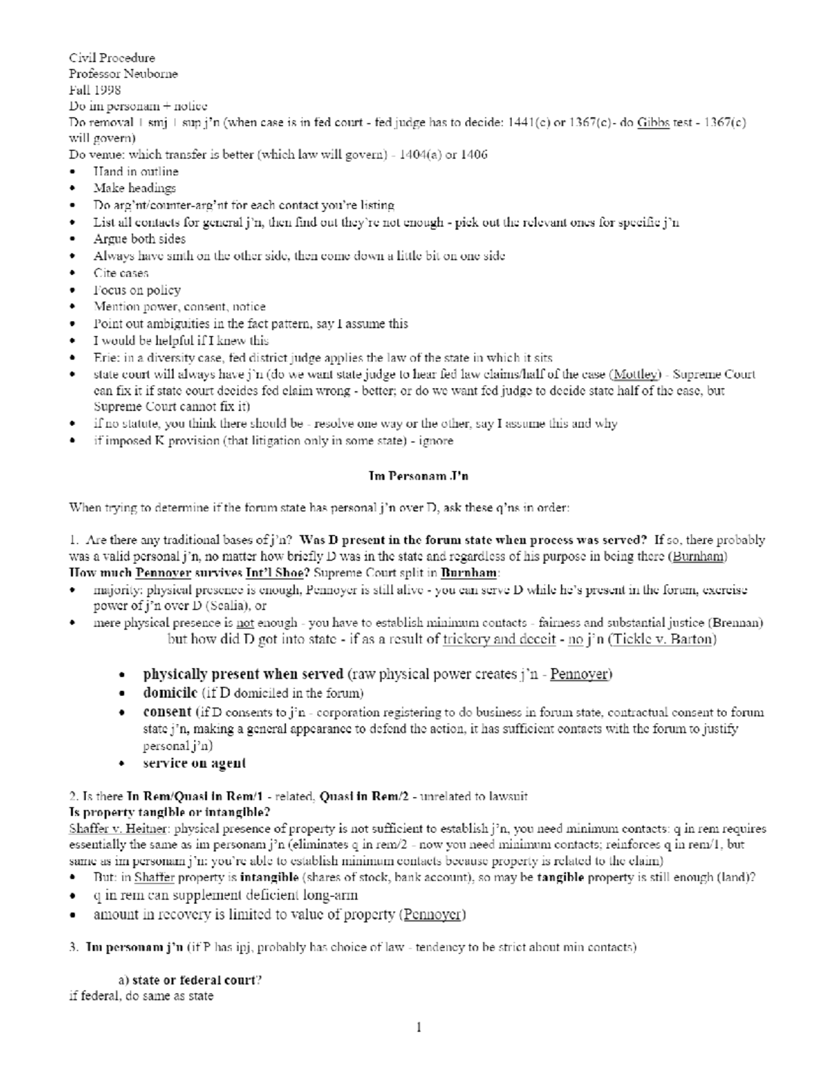 Civil Procedure Professor Neuborne Fall 1998 Do im personam + notice ...