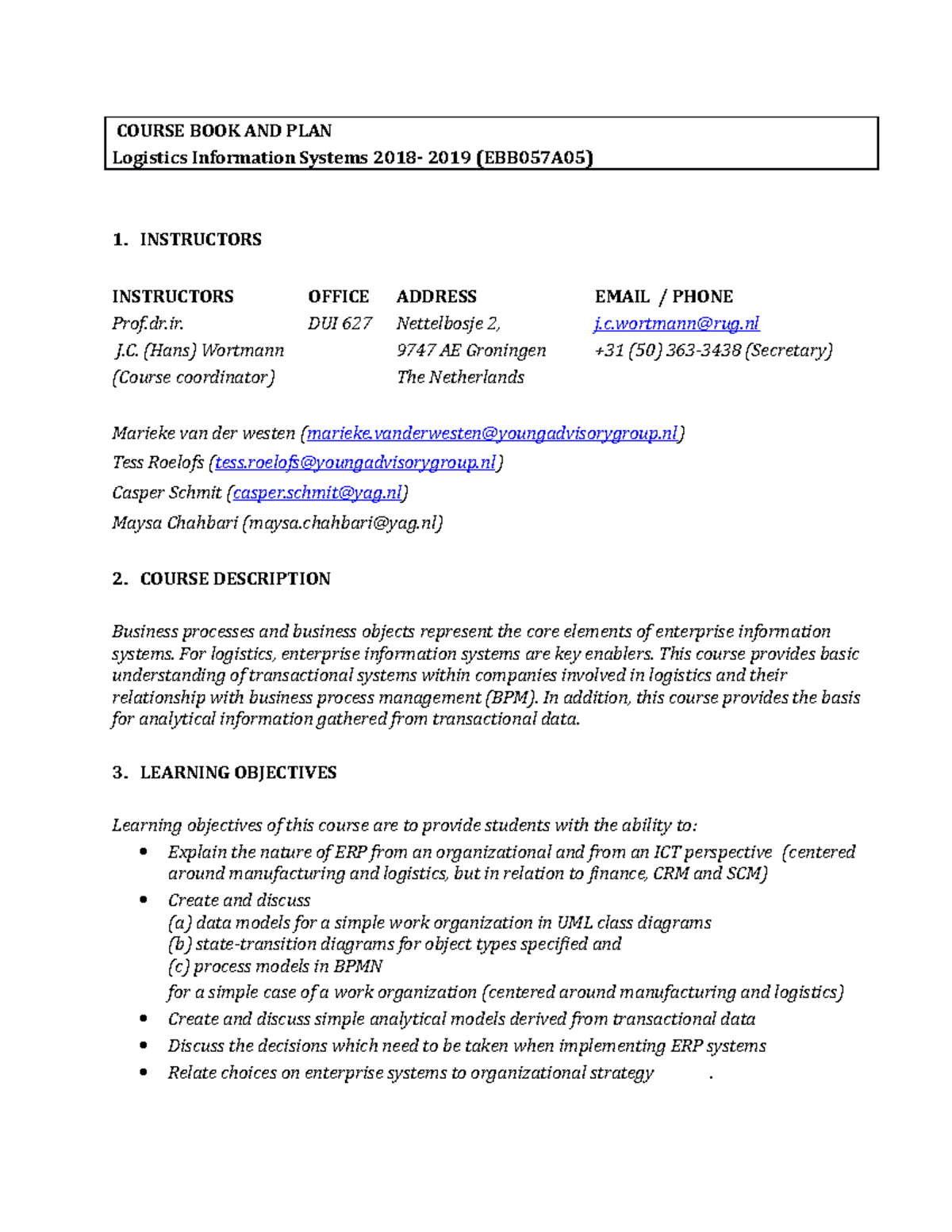 Coursebook Logistics information systems 2018-2019 - COURSE BOOK AND ...