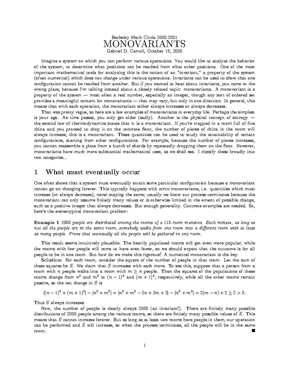 Monovar - Berkeley Math Circle 2000- MONOVARIANTS Gabriel D. Carroll ...