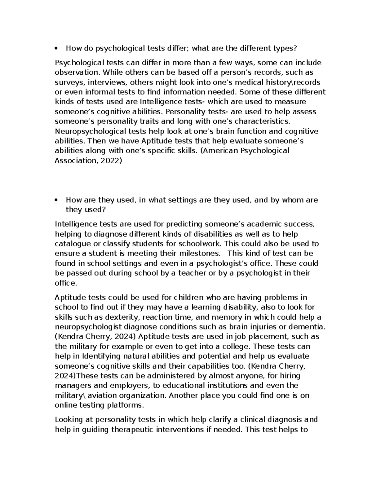 1-2 Short Paper - How do psychological tests differ; what are the ...