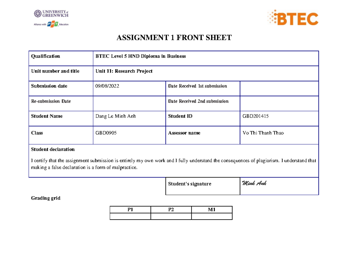 522 Asm1 Minh Anh 1 Assignment 1 522 Assignment 1 Front Sheet Qualification Btec Level 5