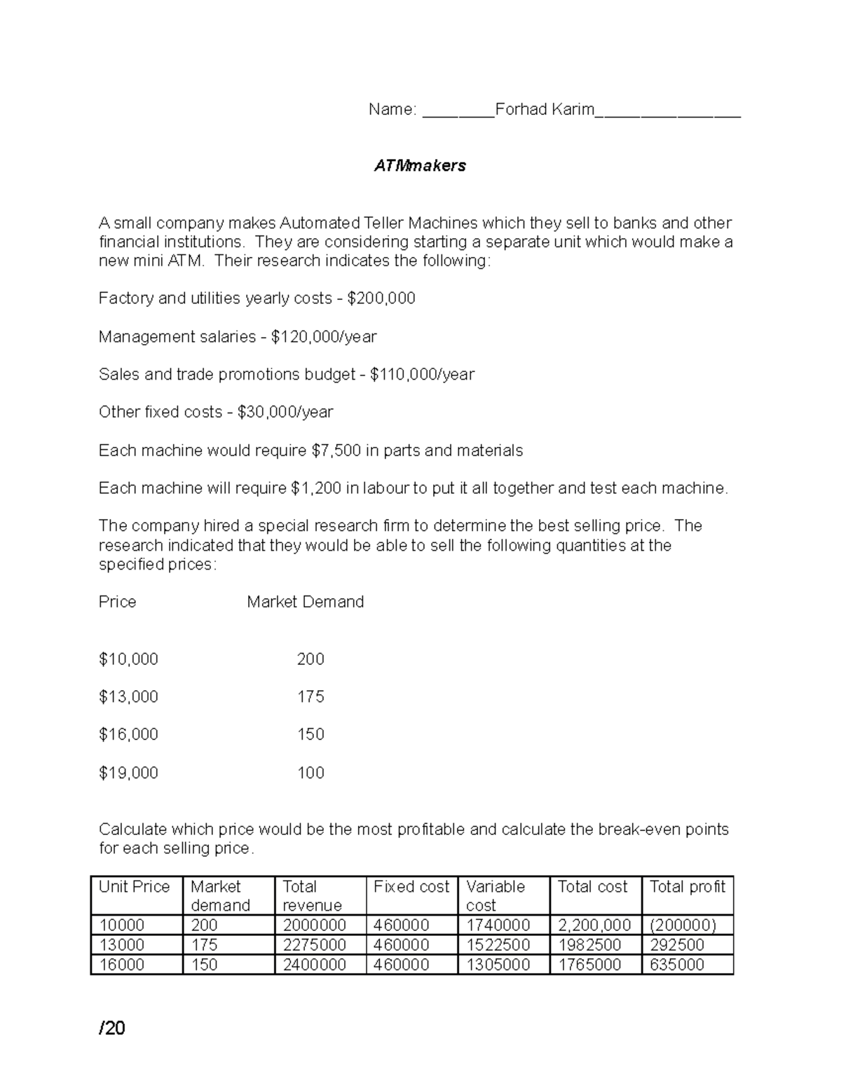 Final copy BE - Name: Forhad Karim________ ATMmakers A small company makes Automated Teller ...