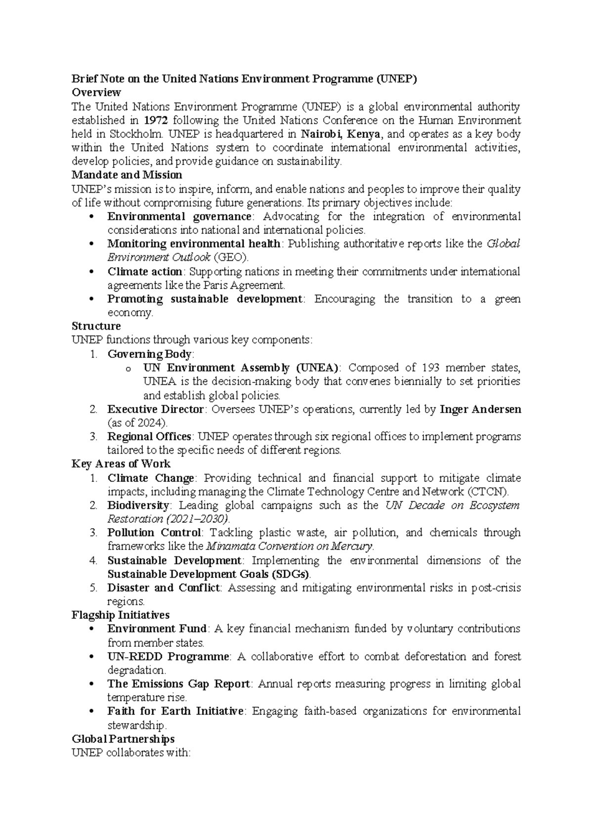 Brief Note on the United Nations Environment Programme for STudoc ...