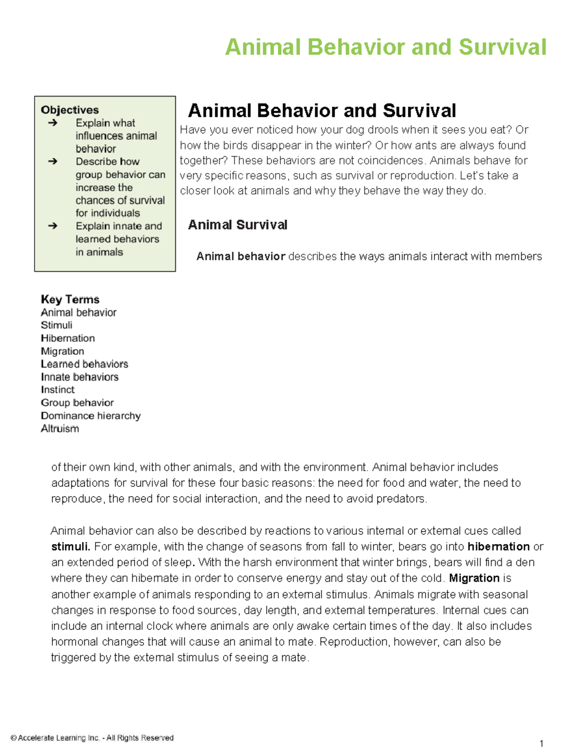Animal Behavior And Survival Explain STEMscopedia - Animal Behavior and ...
