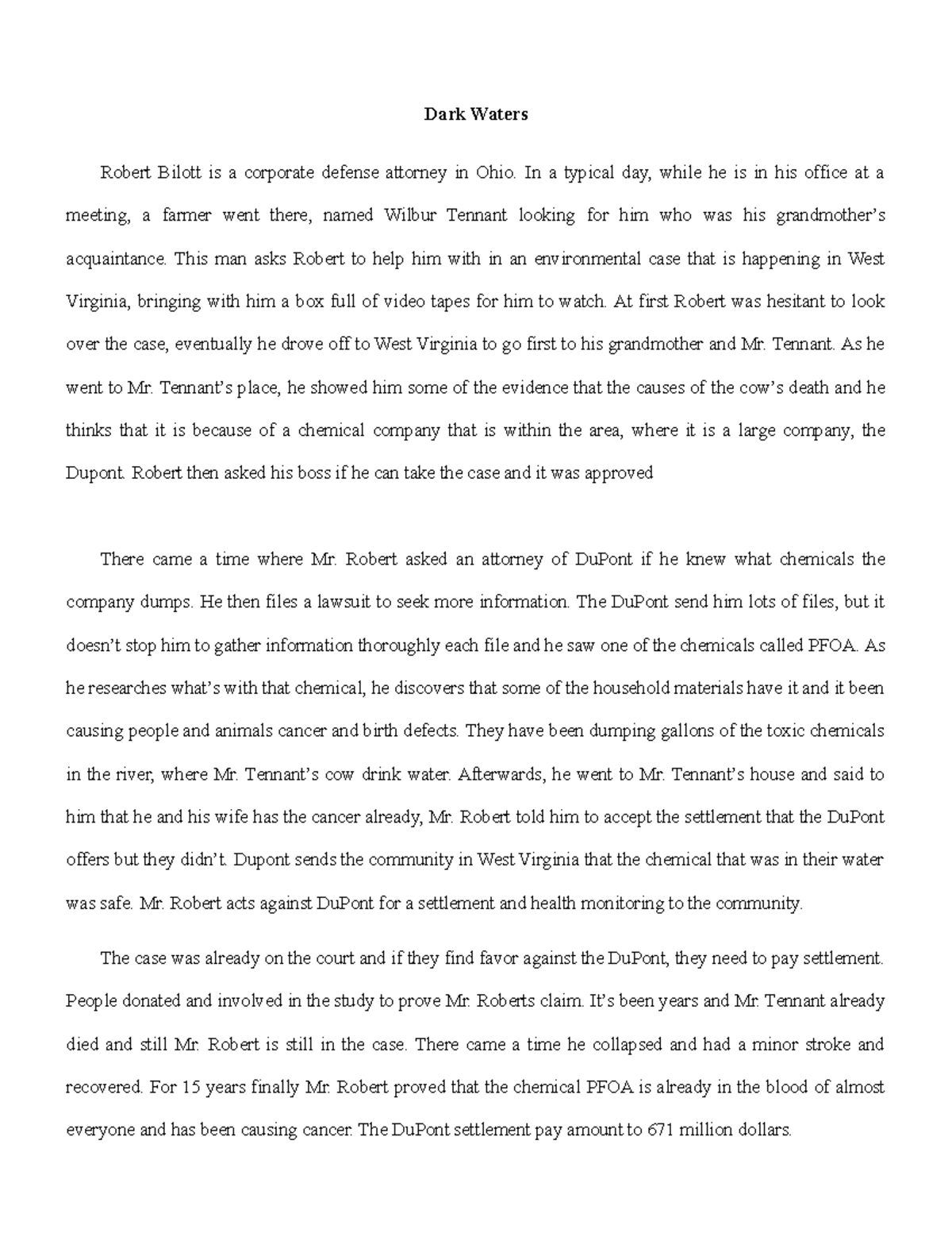 Dark Waters - An essay about dark water (movie) - Dark Waters Robert ...