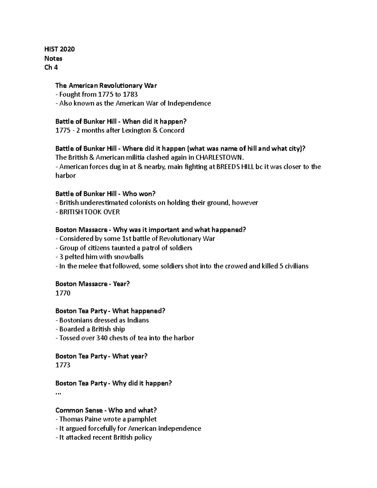 HIST 2020 ch 4 - Lecture notes 4 - HIST 2020 Notes Ch 4 The American ...