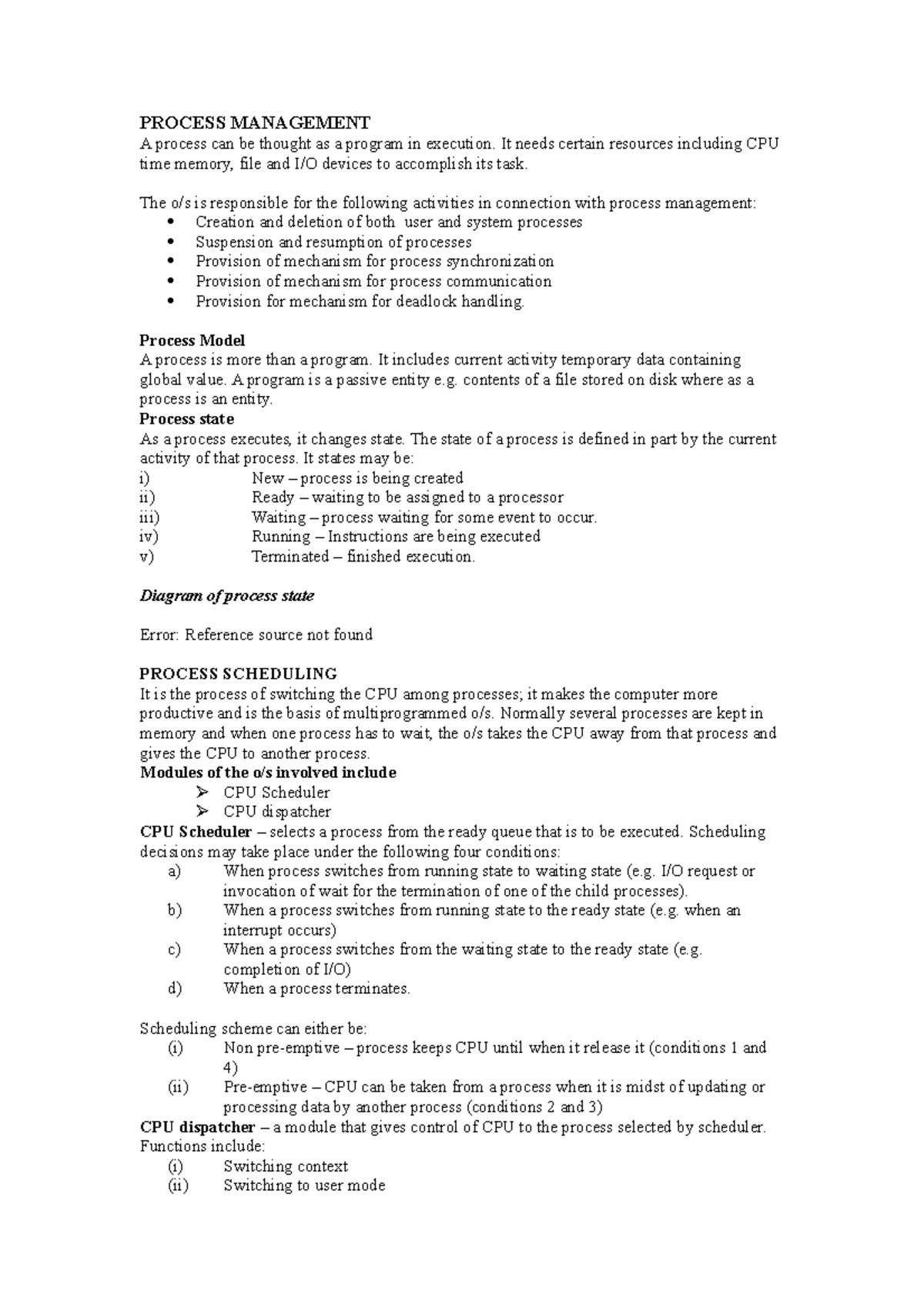 Process Management - OS lecturer's note for first year class. This ...
