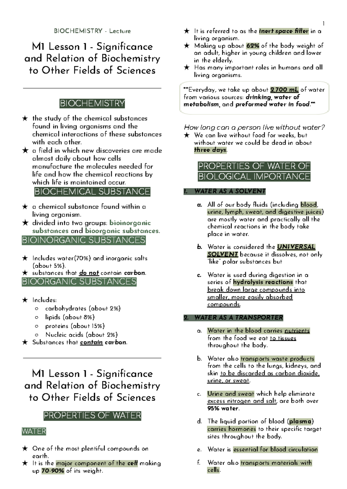 Biochem - Lecture Notes - BIOCHEMISTRY - Lecture M1 Lesson 1 ...