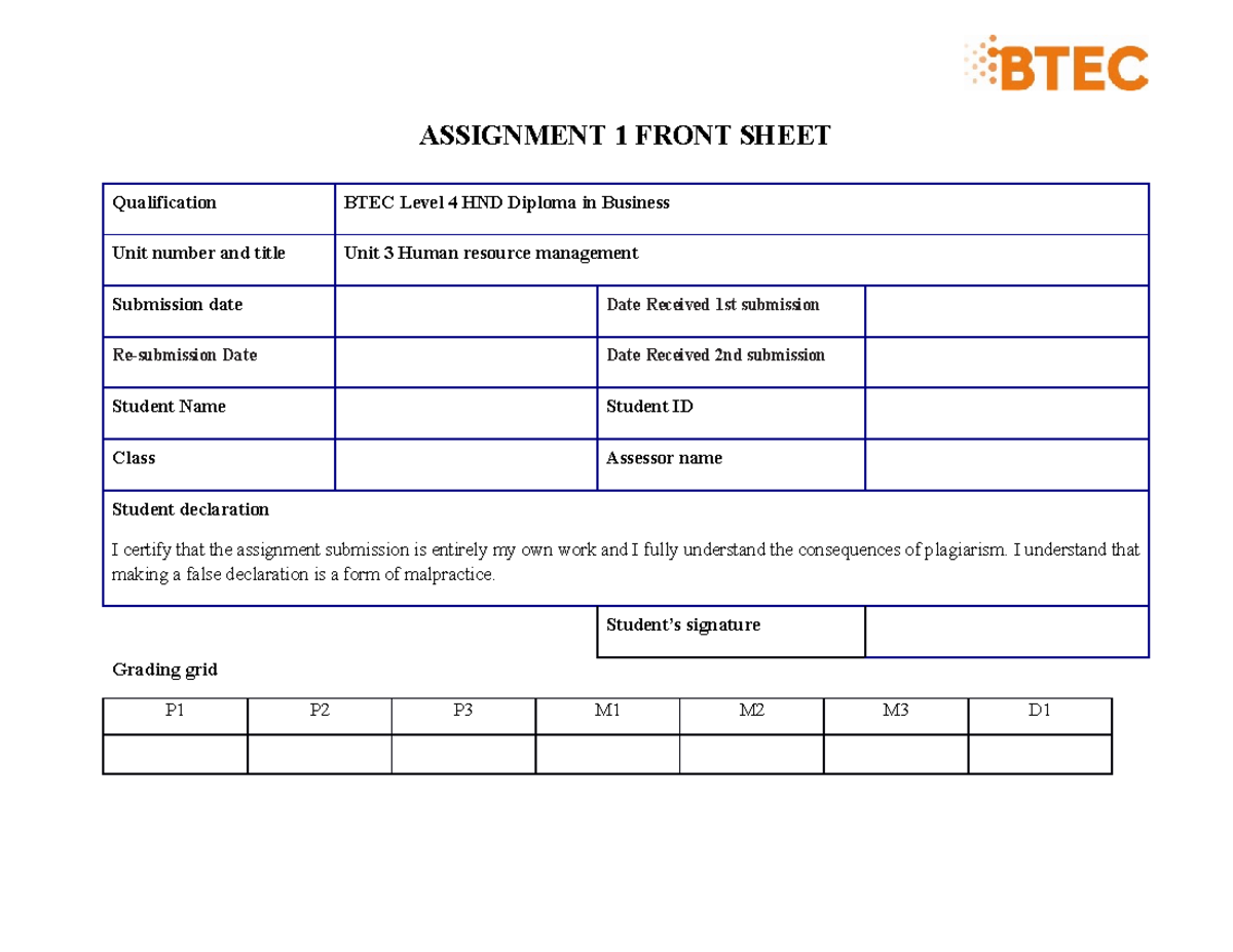 Assignment 1 frontsheet - ASSIGNMENT 1 FRONT SHEET Qualification BTEC Level 4 HND Diploma in ...